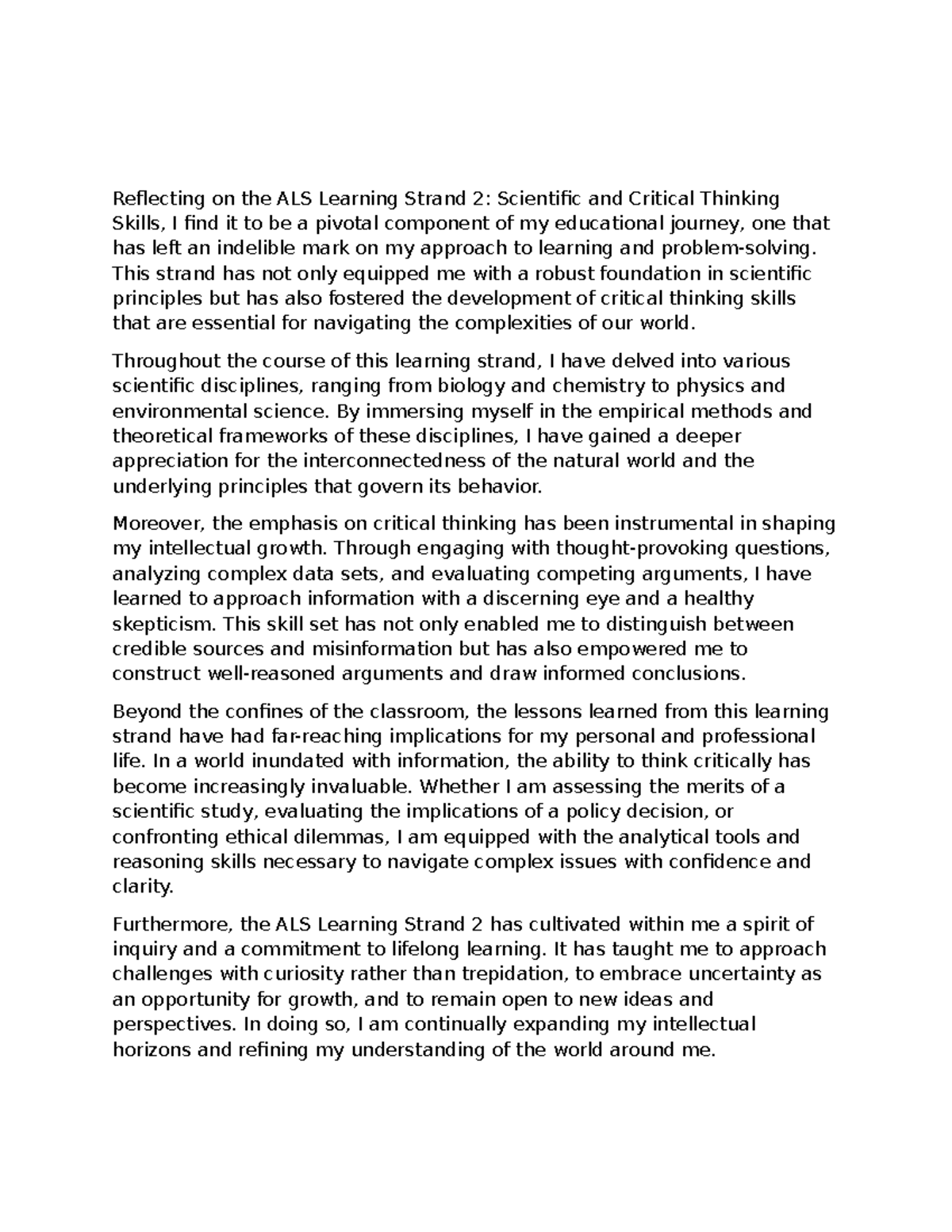 Ls2 reflection - Reflecting on the ALS Learning Strand 2: Scientific ...