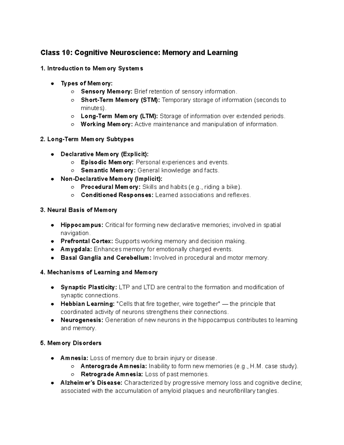 Neuro Lecture 9 - Class 10: Cognitive Neuroscience: Memory and Learning 1. Introduction to ...