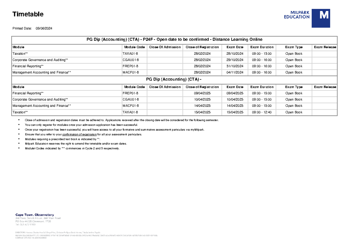 Timetable-CTA - Notes for accounting - Timetable PG Dip (Accounting ...
