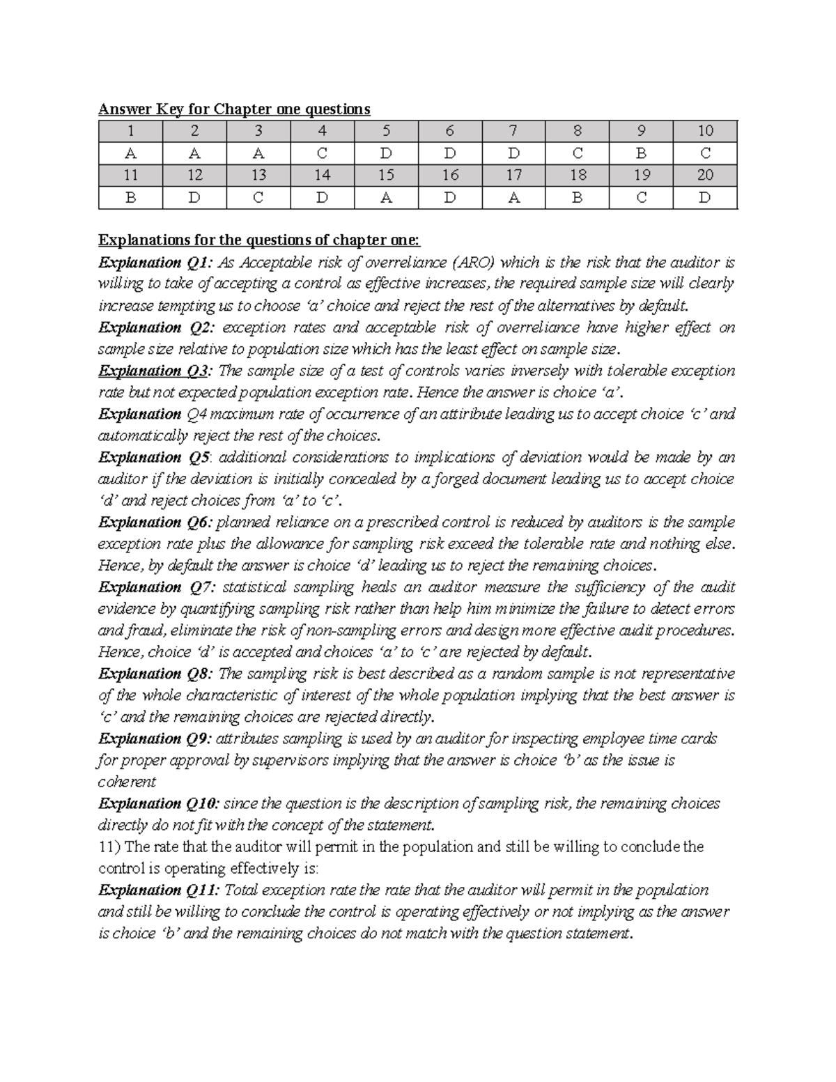 Multiple Choice Questions with answers - Answer Key for Chapter one ...