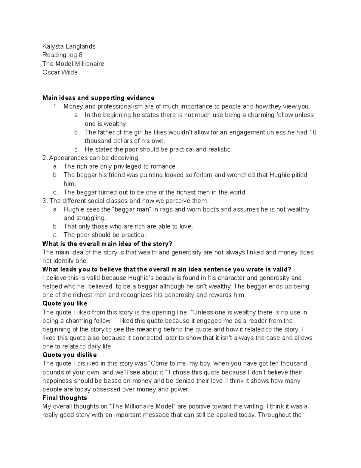 Rdg log 8 - the model millionaire summary and themes - Kalysta ...