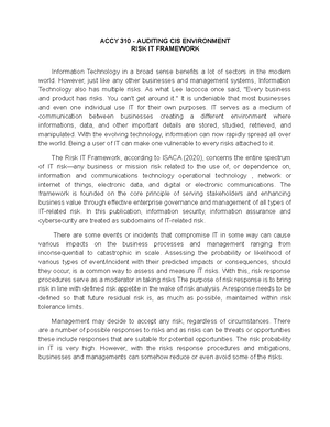 Isaca Risk IT Framework - ACCY 310 - Auditing in CIS Environmen ISACA ...