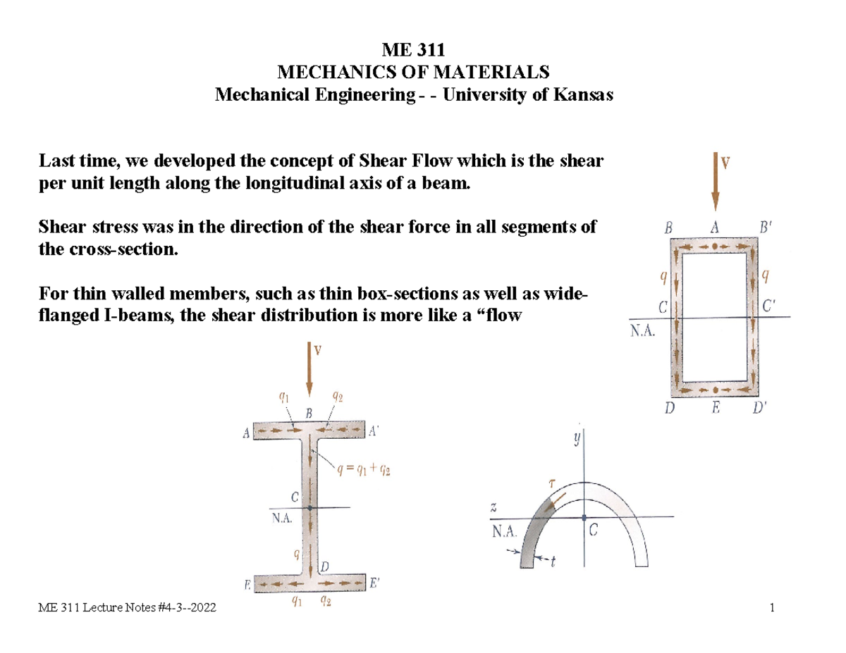Lecture 4-3 Trasver shear flow and shear center Blank - ME 311 ...