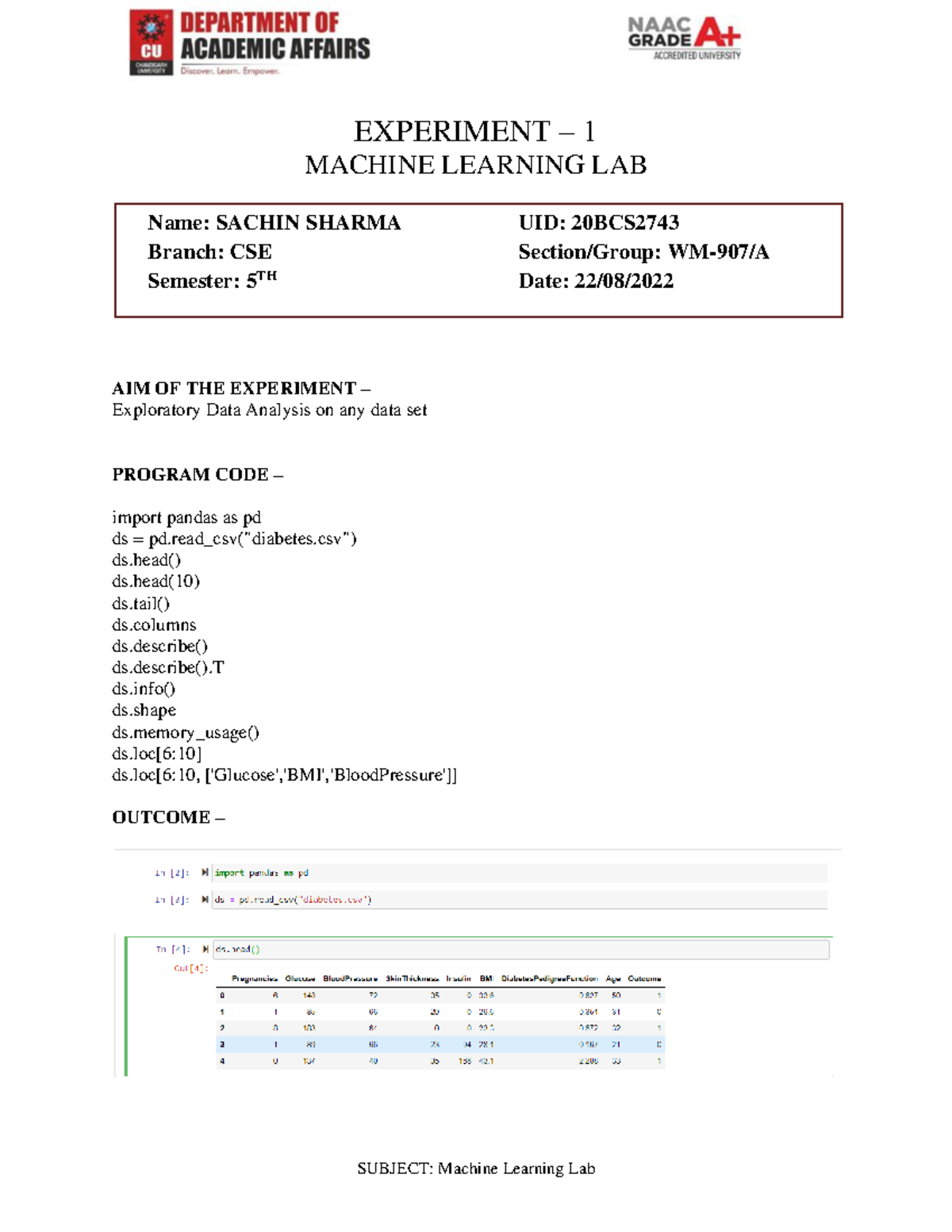 Ml Exp 1 Ml Exp 1 Experiment 1 Machine Learning Lab Aim Of The Experiment Exploratory