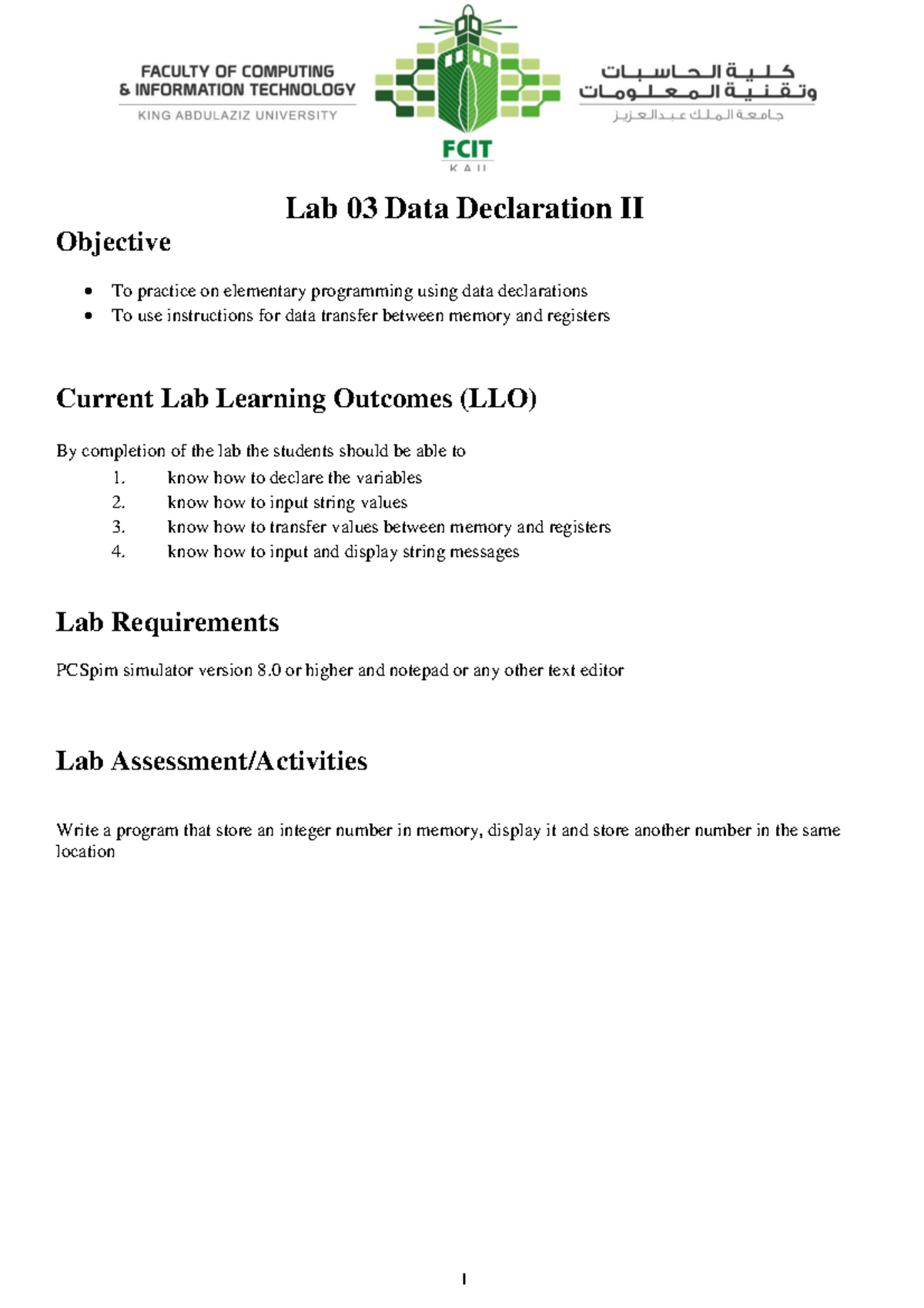 CPCS214 Lab03 - adf - Lab 03 Data Declaration II Objective To practice ...