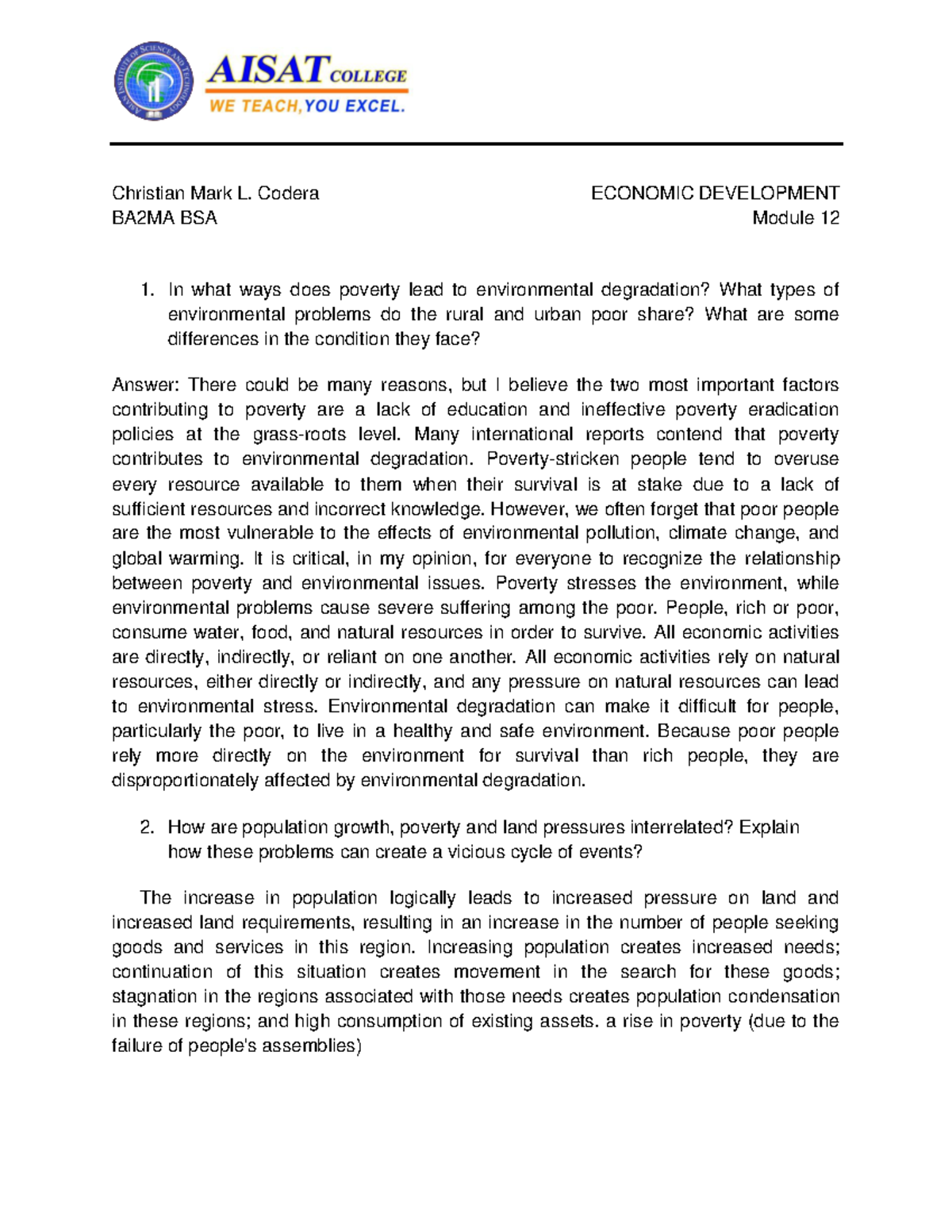 ED- Codera- Module 12 - Christian Mark L. Codera ECONOMIC DEVELOPMENT ...