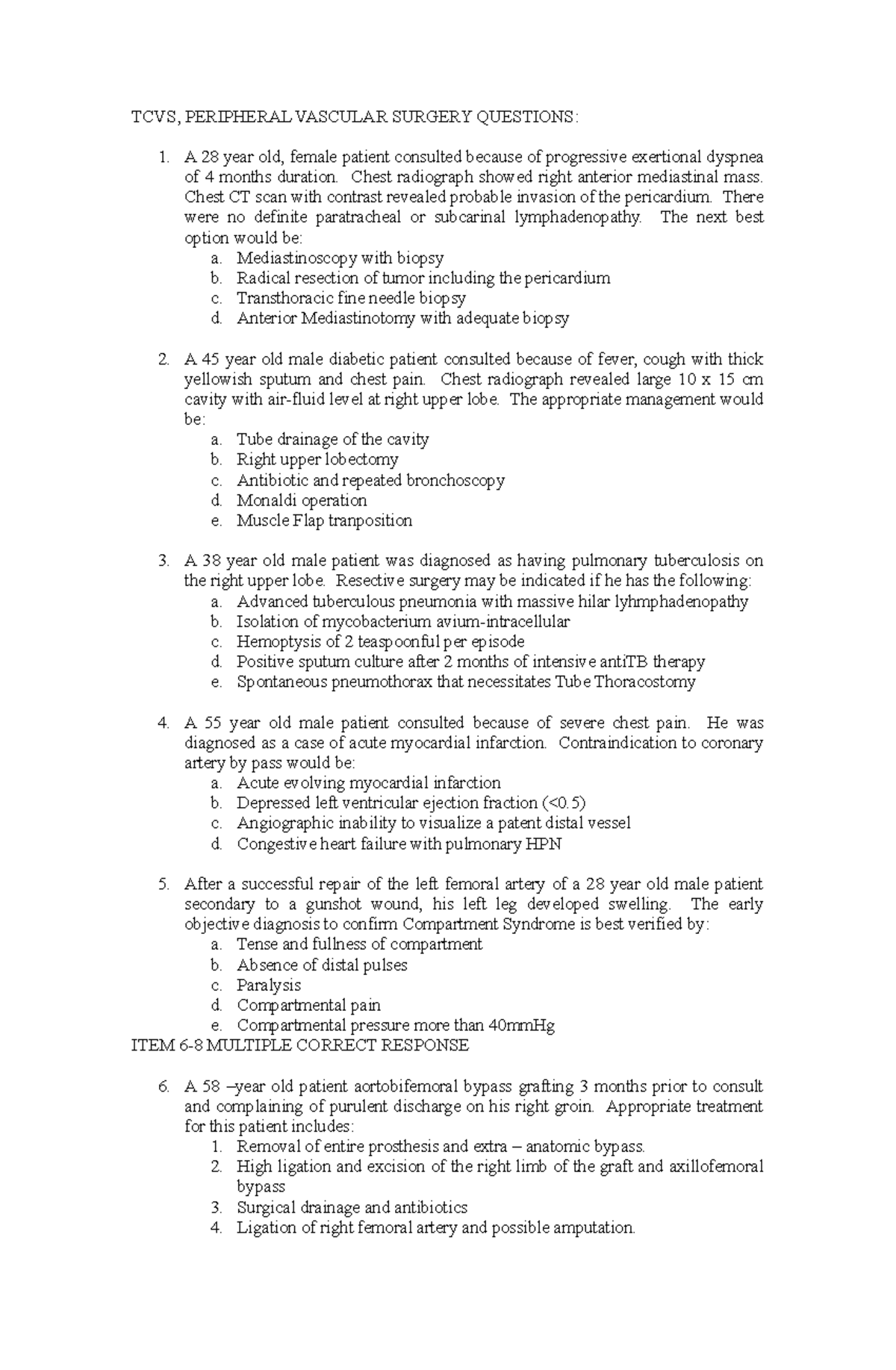 special surgery tcvs Exam - TCVS, PERIPHERAL VASCULAR SURGERY QUESTIONS ...
