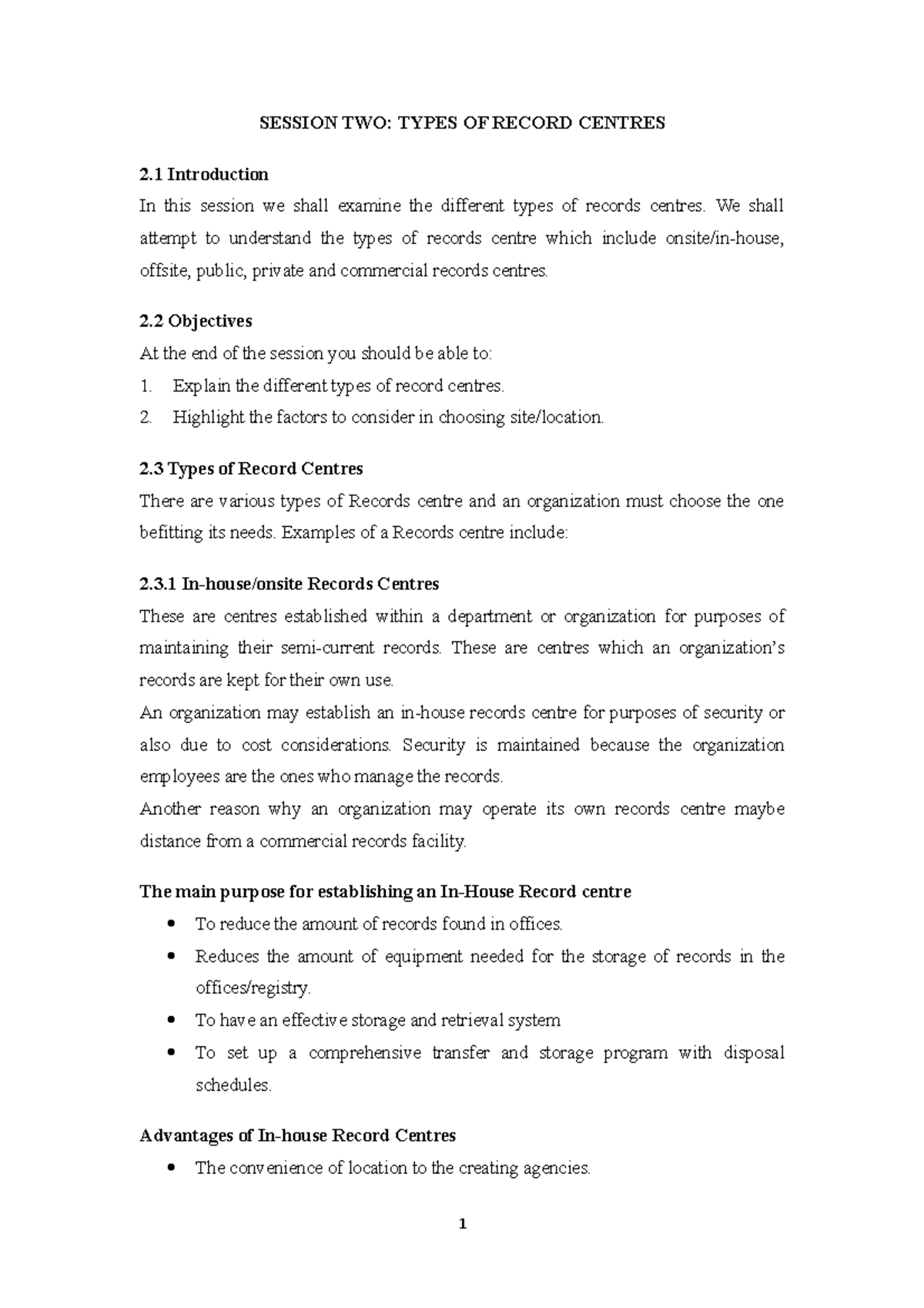 Session 2 Types OF Record Centres - SESSION TWO: TYPES OF RECORD ...