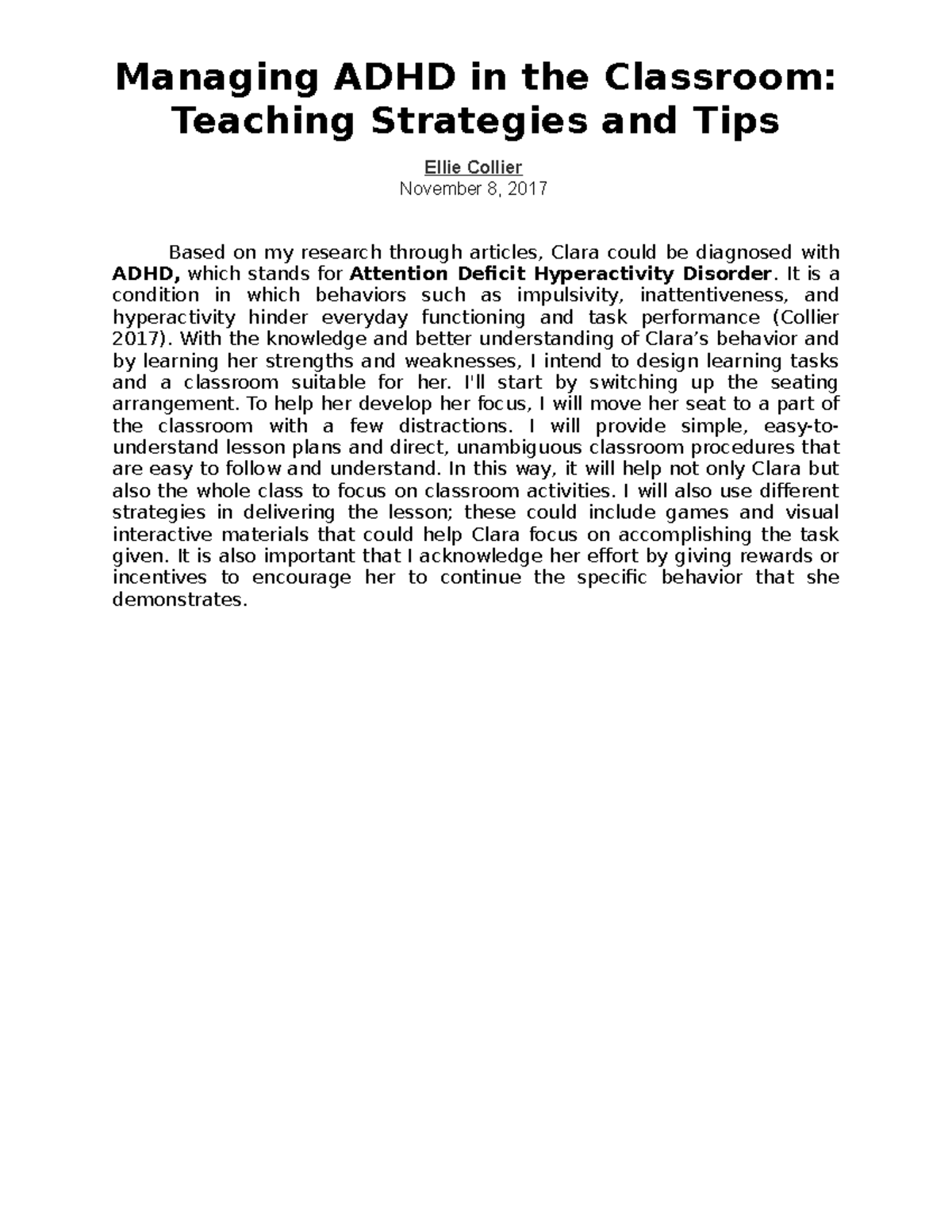 Objective 9, Prompt 1 - Managing ADHD in the Classroom: Teaching ...