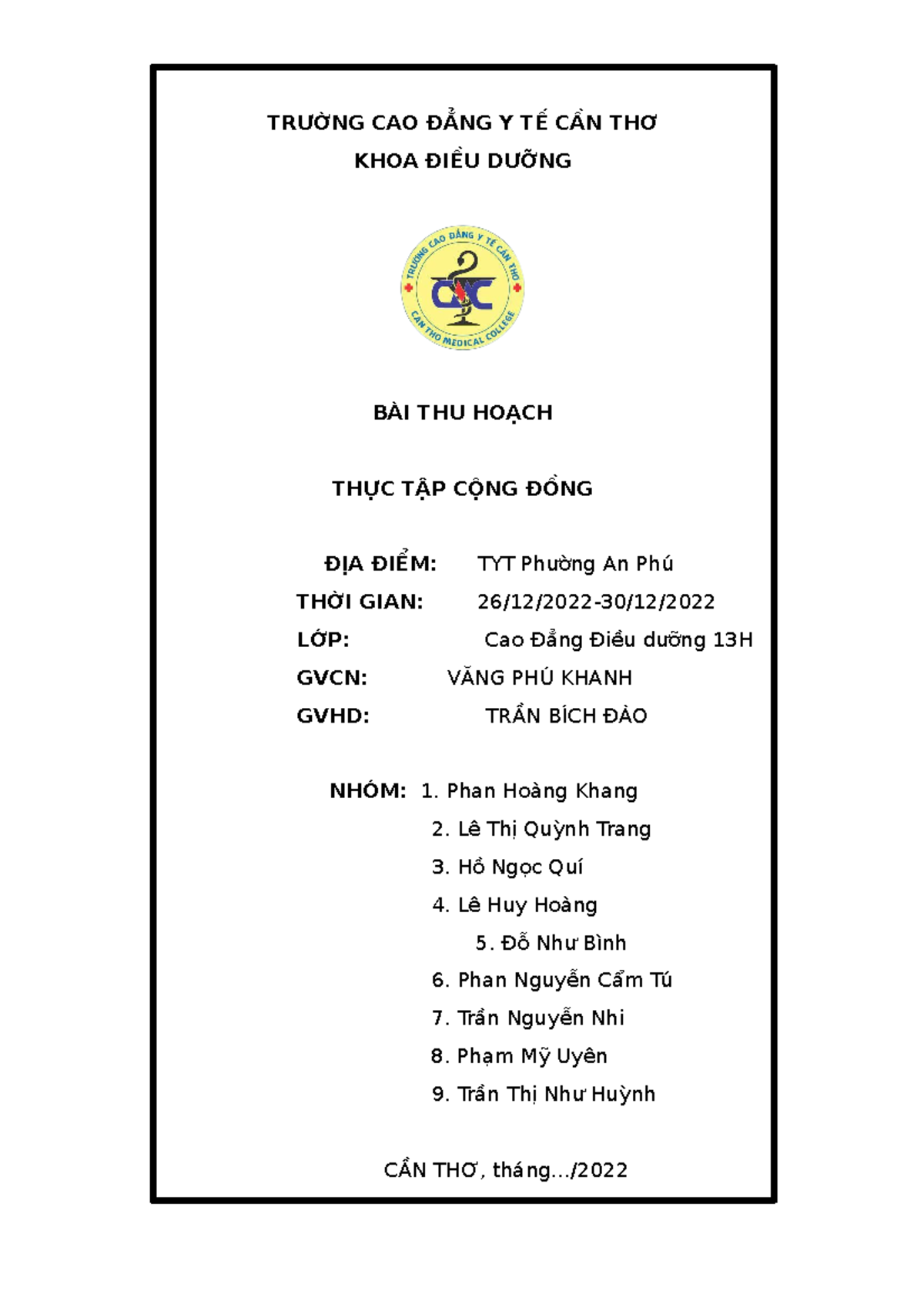 SỔ TTCD Nhóm 2 - H1 - aaaa - TRƯỜNG CAO ĐẲNG Y TẾ CẦN THƠ KHOA ĐIỀU ...