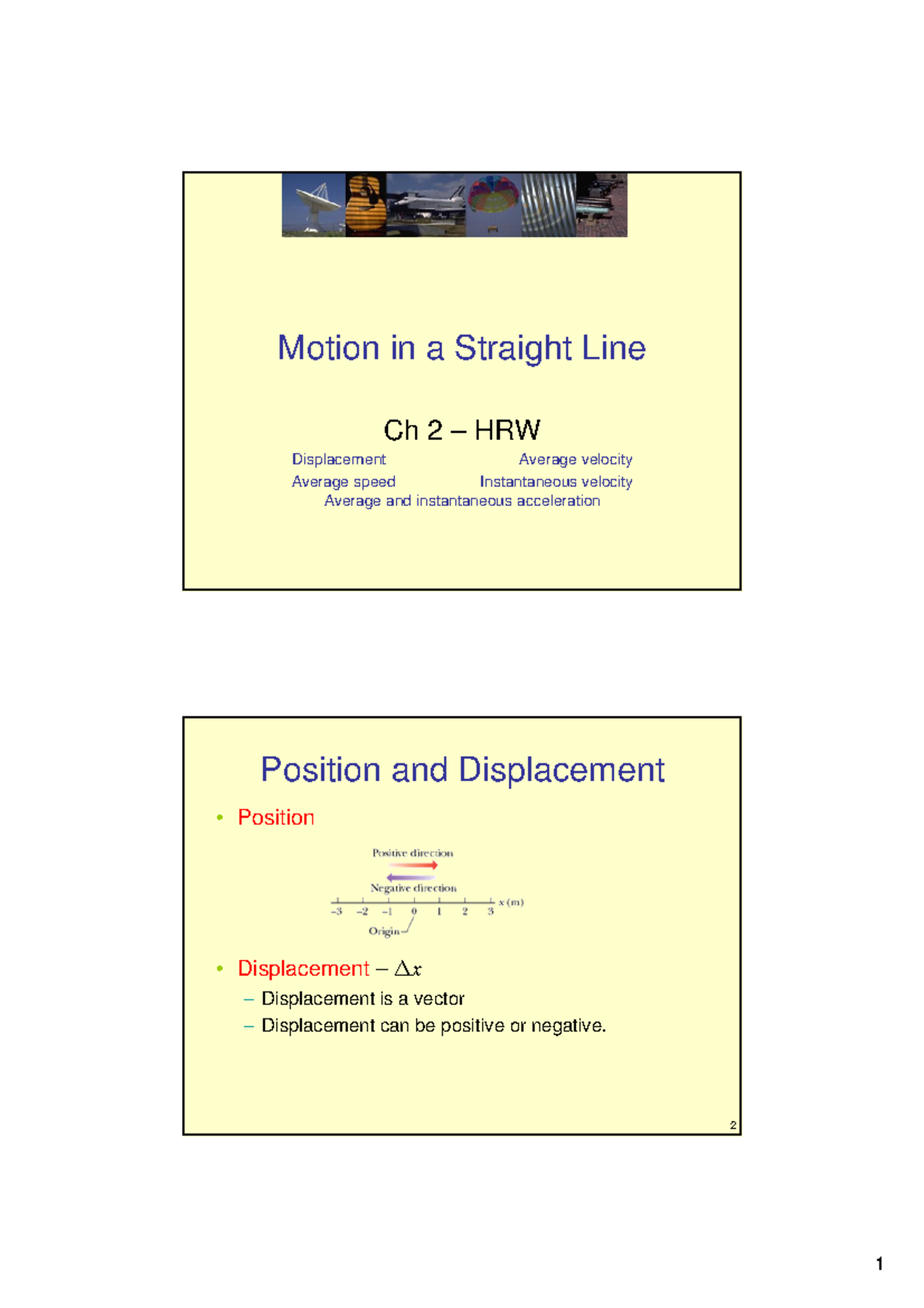 Ch2 - motion 1d-2014-web - Motion in a Straight Line Ch 2 – HRW Displacement Average velocity ...