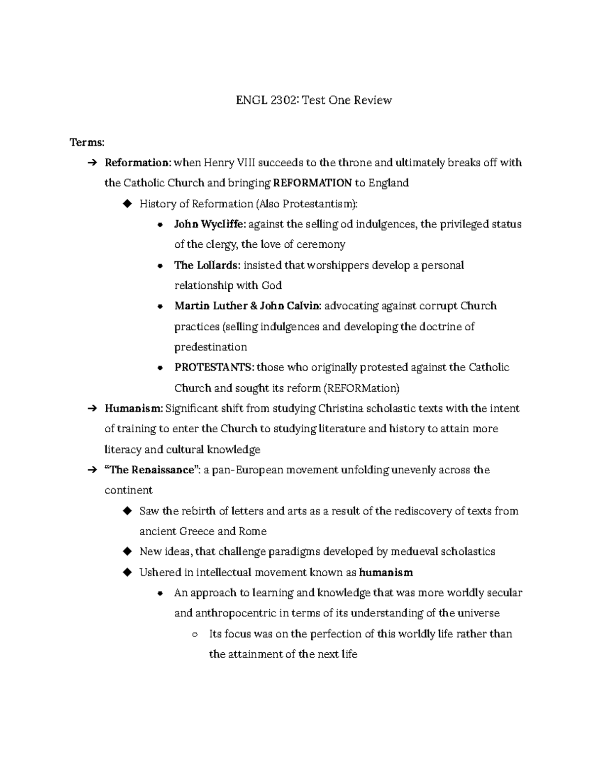 Test One Review - ENGL 2302 Test One Review Terms: Reformation: when ...