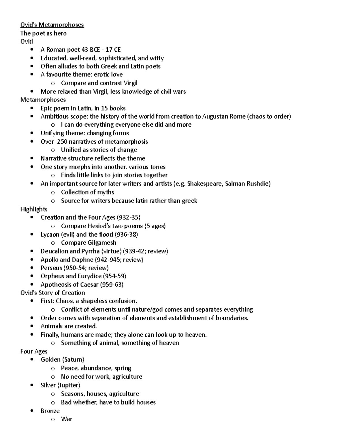 Lecture notes, lectures 1-20 - complete - Ovid’s Metamorphoses The poet ...