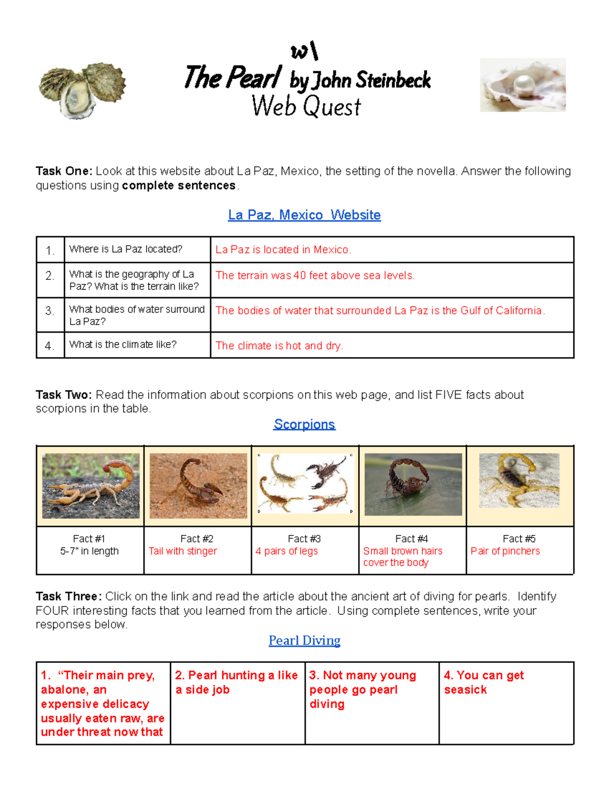 Pearl Webquest 2023 (Woods) - w\ The Pearl by John Steinbeck Web Quest ...