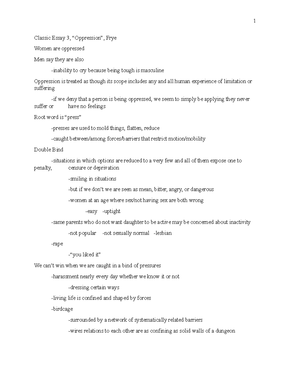 Classic Essay 3 - 1 Classic Essay 3, “Oppression”, Frye Women are ...