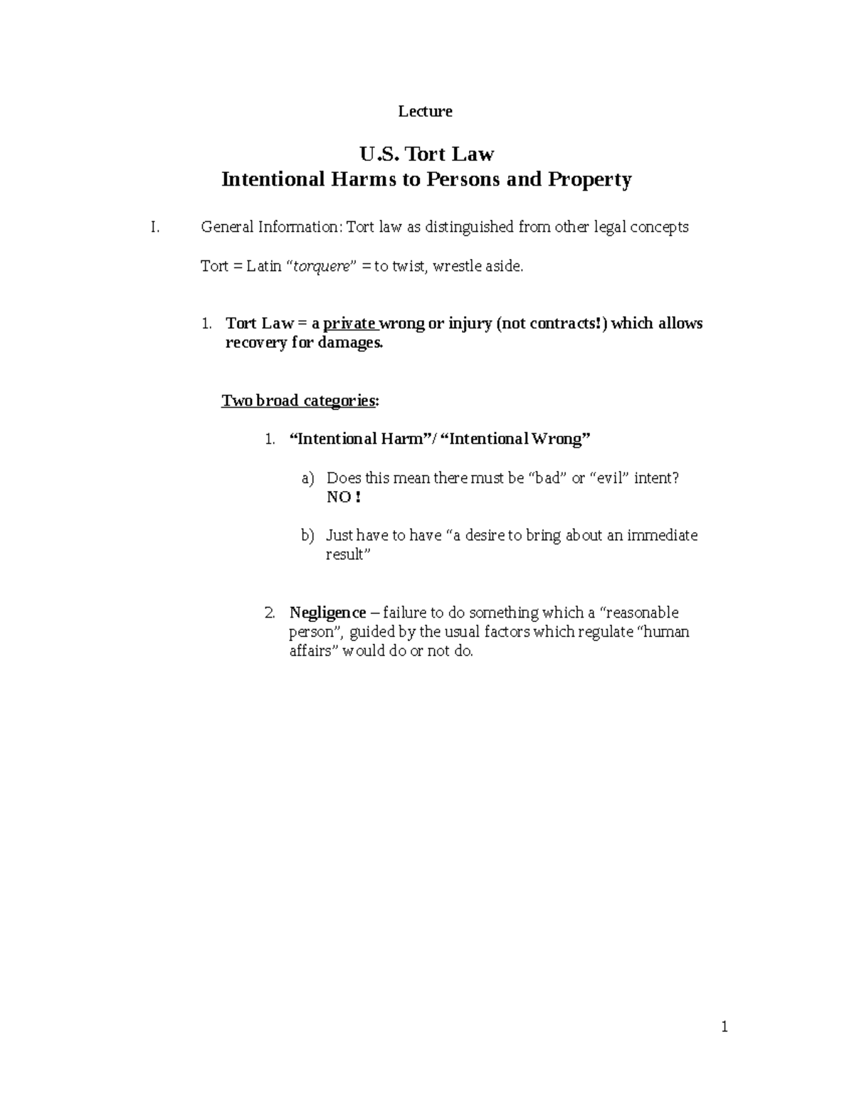 Intro - Tort Law - student complete outline - short version 2022 3 ...