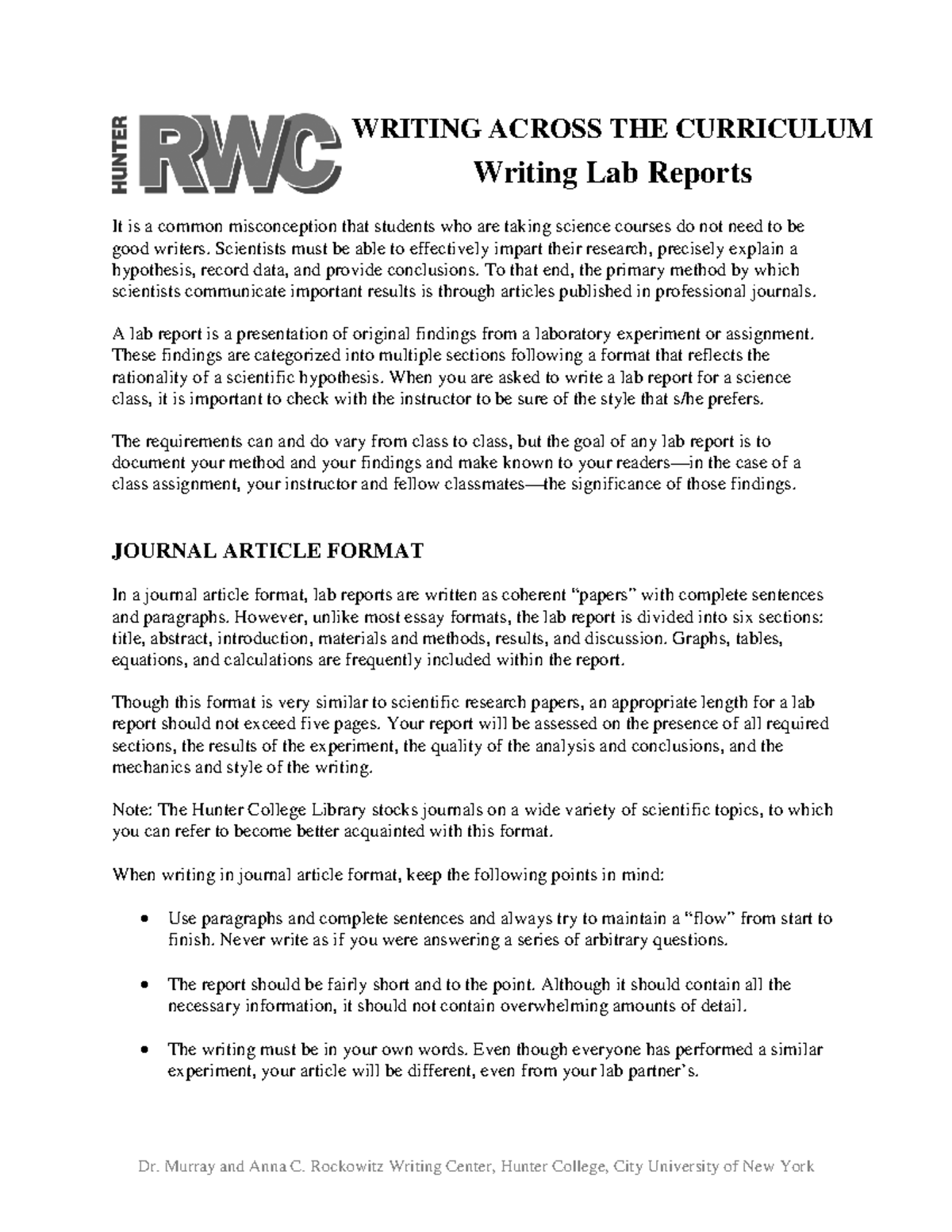 Writing Lab Reports - Entails all info - WRITING ACROSS THE CURRICULUM ...