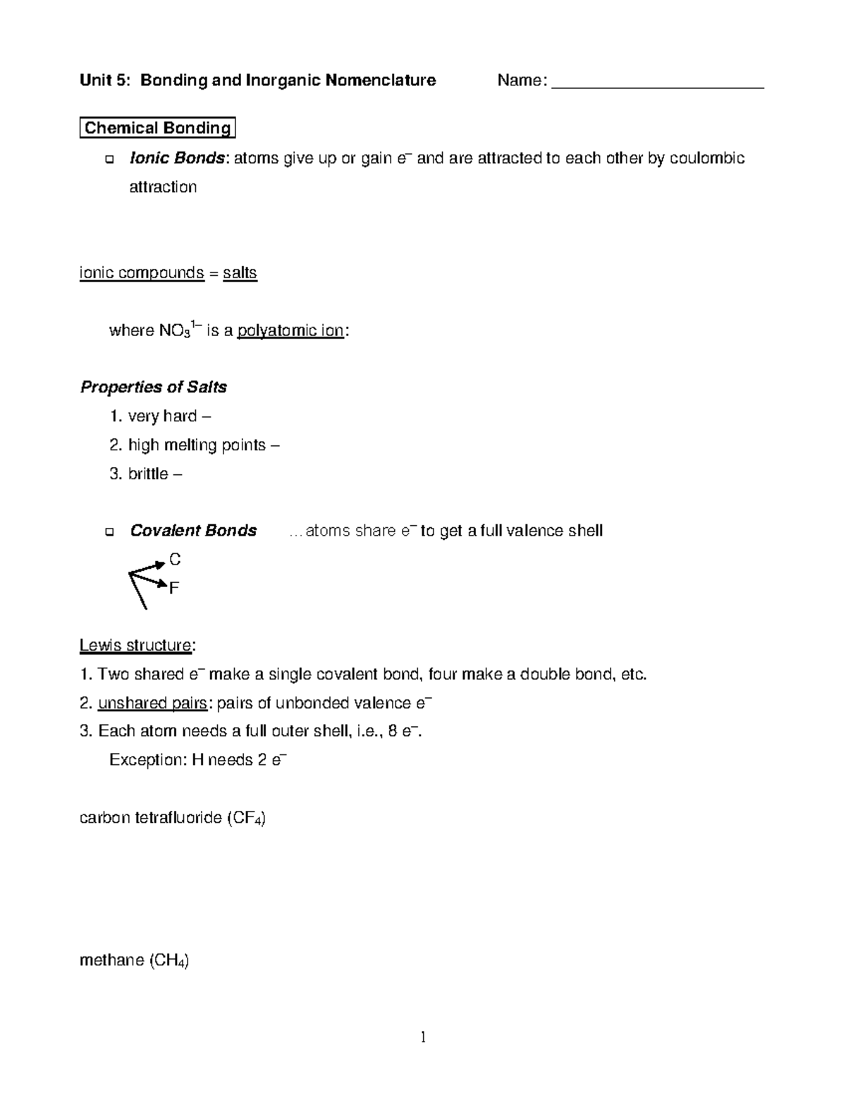 Normenclature SN - Review Activity - Unit 5: Bonding and Inorganic ...