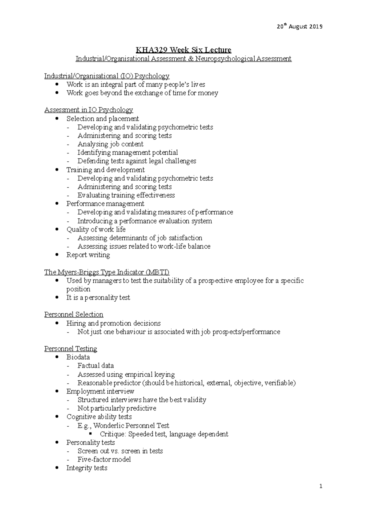 Week 6 - Lecture notes 6 - 20 th August 2019 KHA329 Week Six Lecture ...