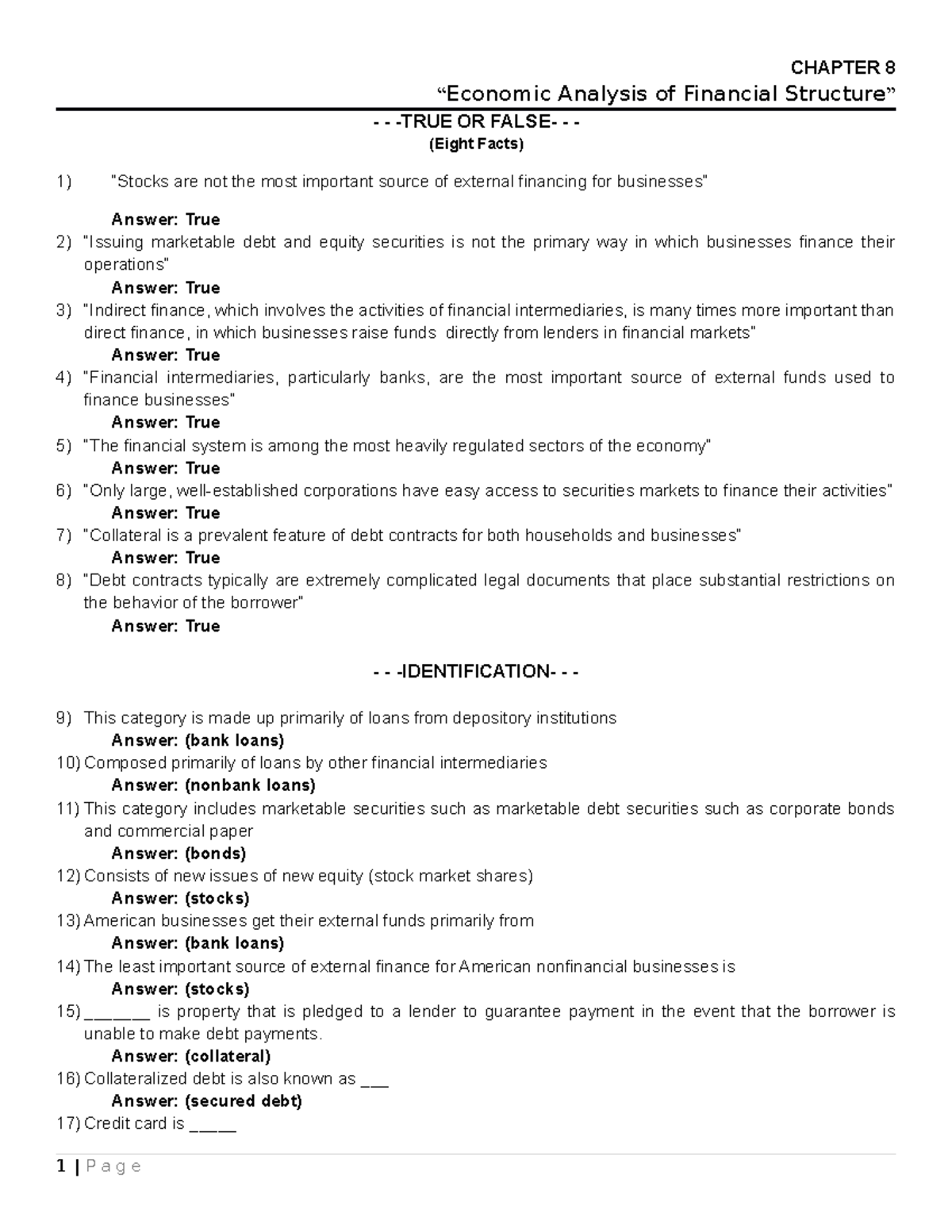 Economic Analysis of Financial Structure - Questionnaire - Principles ...