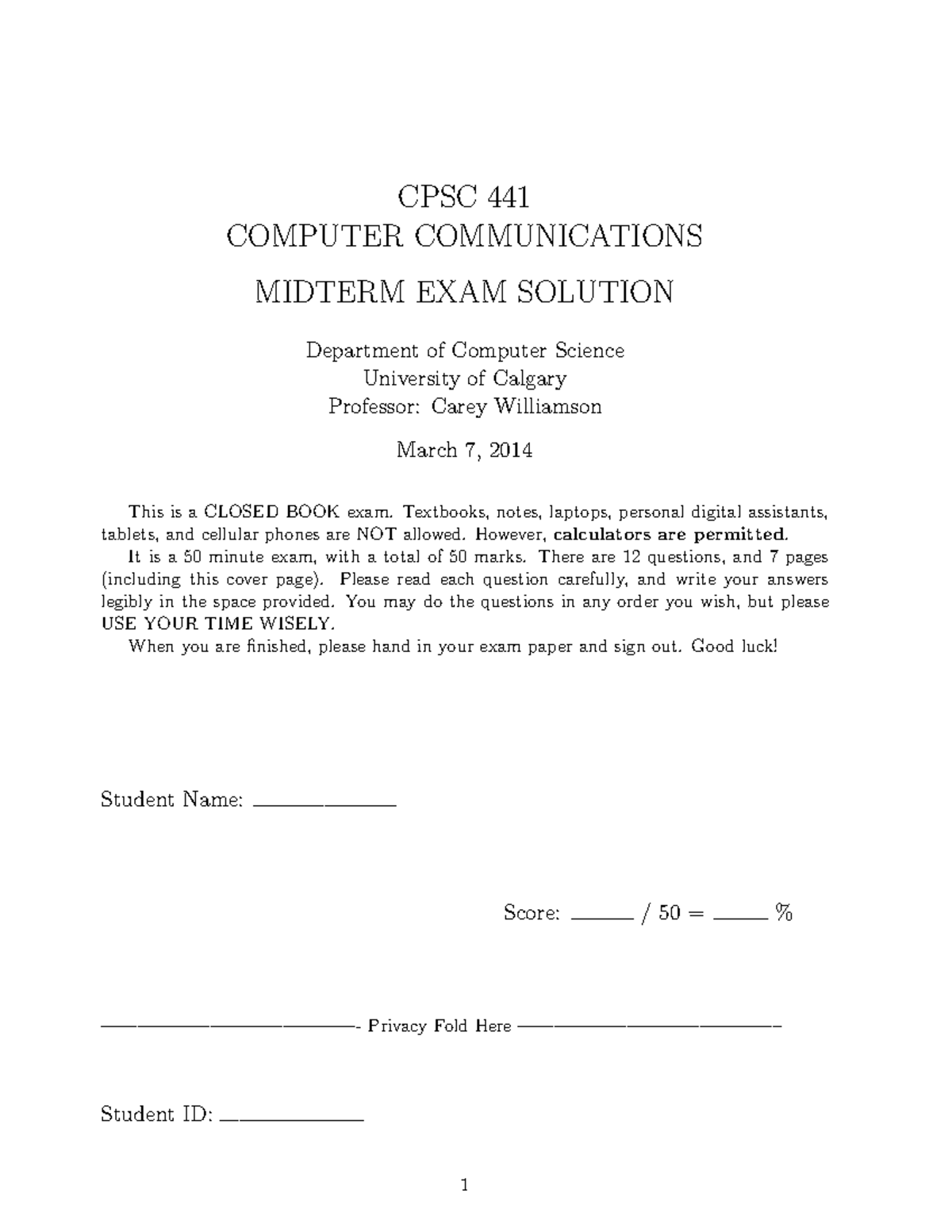 Midterm 5 June 2014, questions and answers - CPSC 441 COMPUTER COMMUNICATIONS MIDTERM EXAM ...