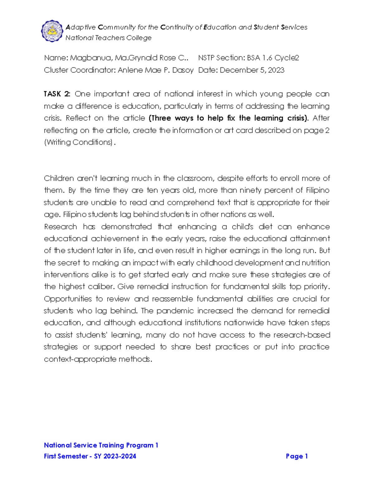 Copy of Modules 2-3 Task 2 - Adaptive Community for the Continuity of ...
