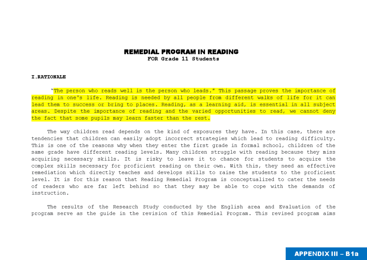 Remedial and Enrichment Programs in Reading - REMEDIAL PROGRAM IN ...