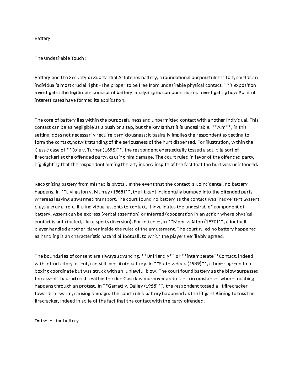 Torts Law Assignment - Battery The Undesirable Touch: Battery and the ...