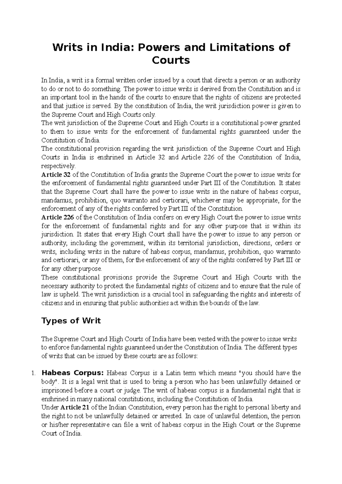 Law of Writs - Writ jurisdiction power of courts in India - Writs in ...