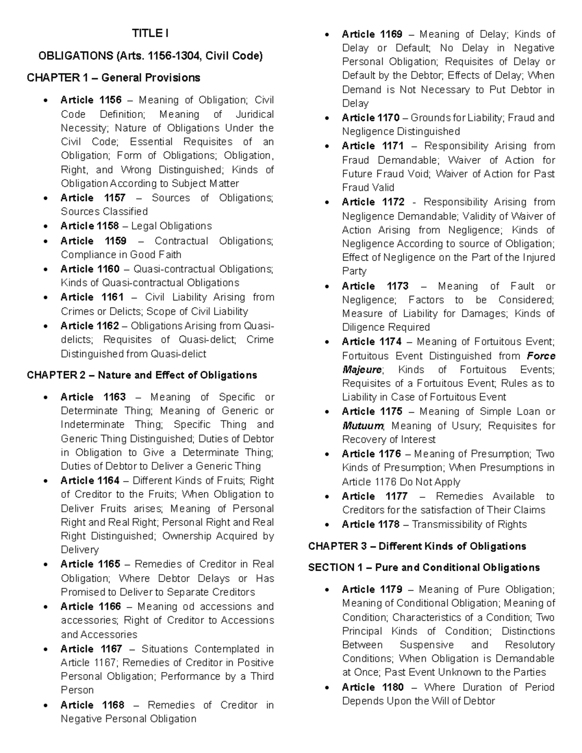 Obligation articles 1156-1255 - TITLE I OBLIGATIONS (Arts. 11 56 - 1304 ...