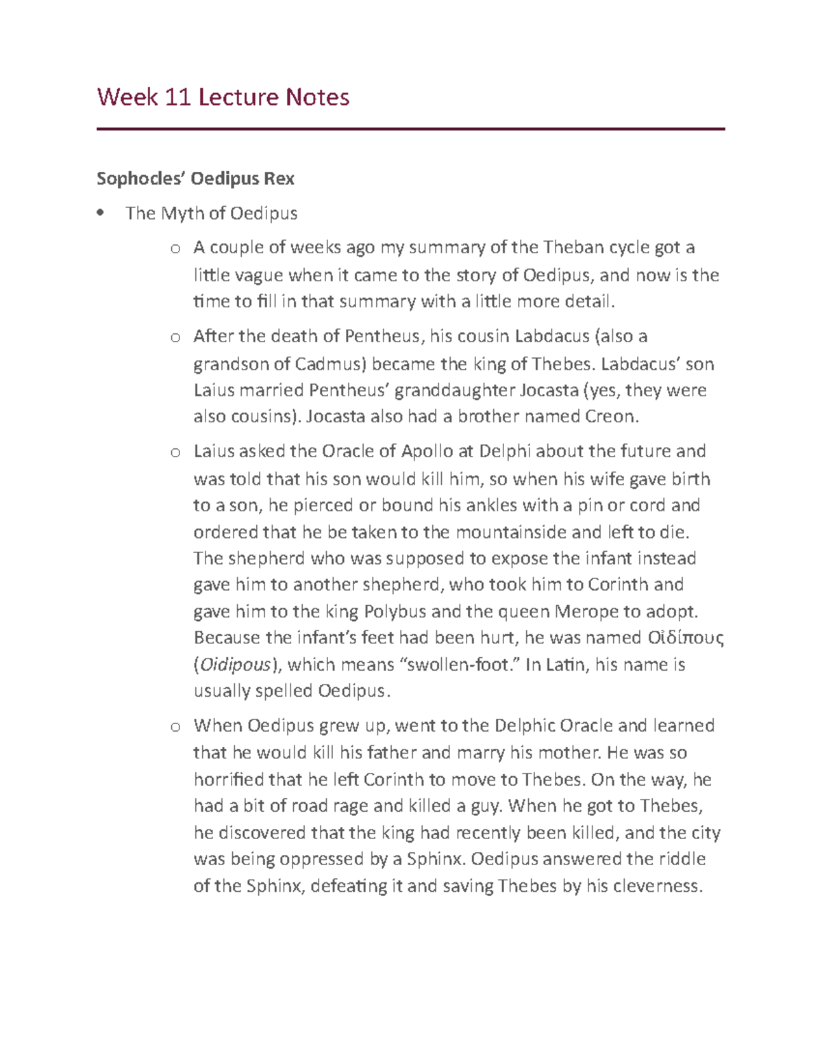 Week 11 Lecture Notes Week 11 Lecture Notes Sophocles Oedipus Rex The Myth Of Oedipus O A