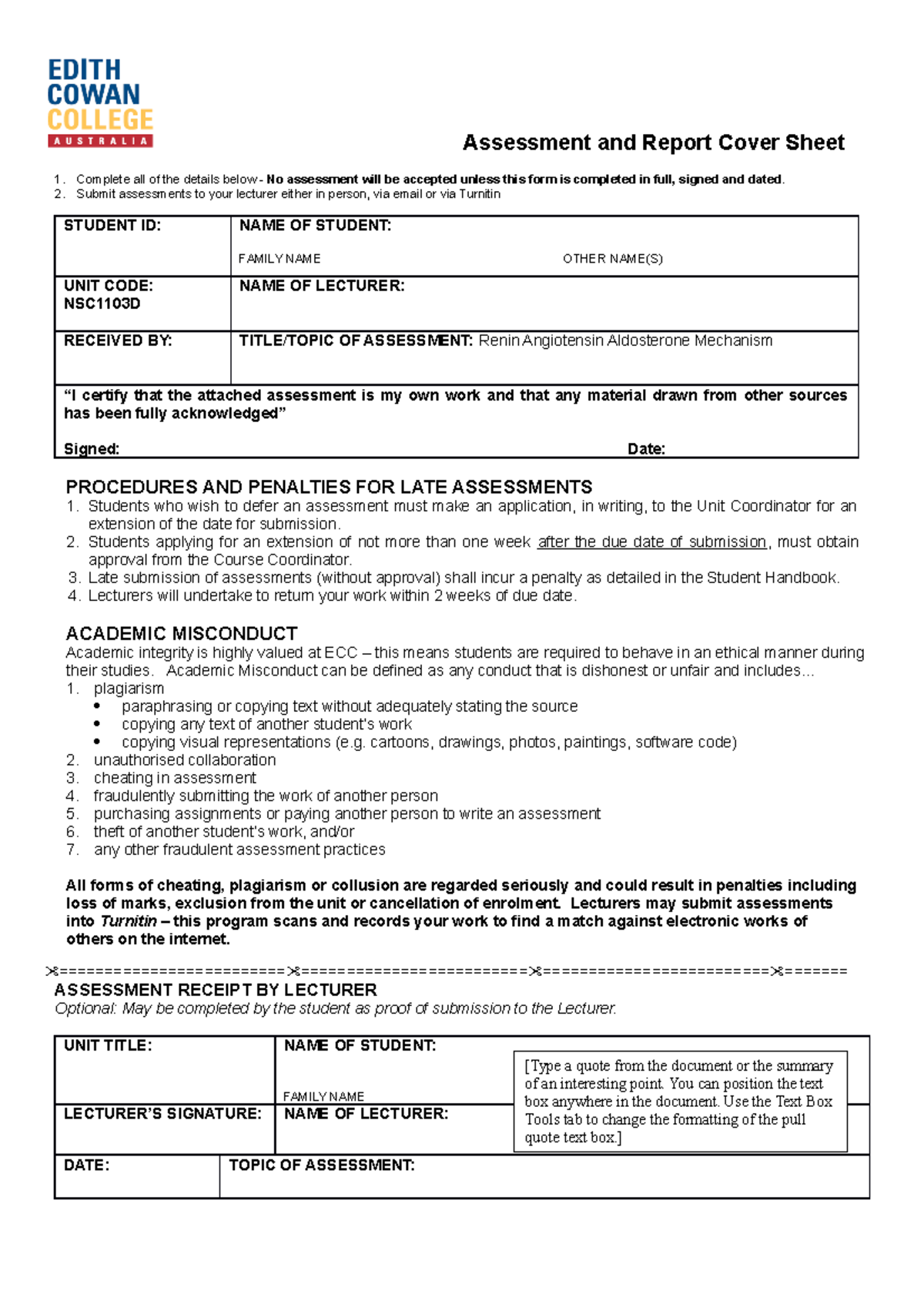 Clinical Assignment - concept map - Assessment and Report Cover Sheet ...