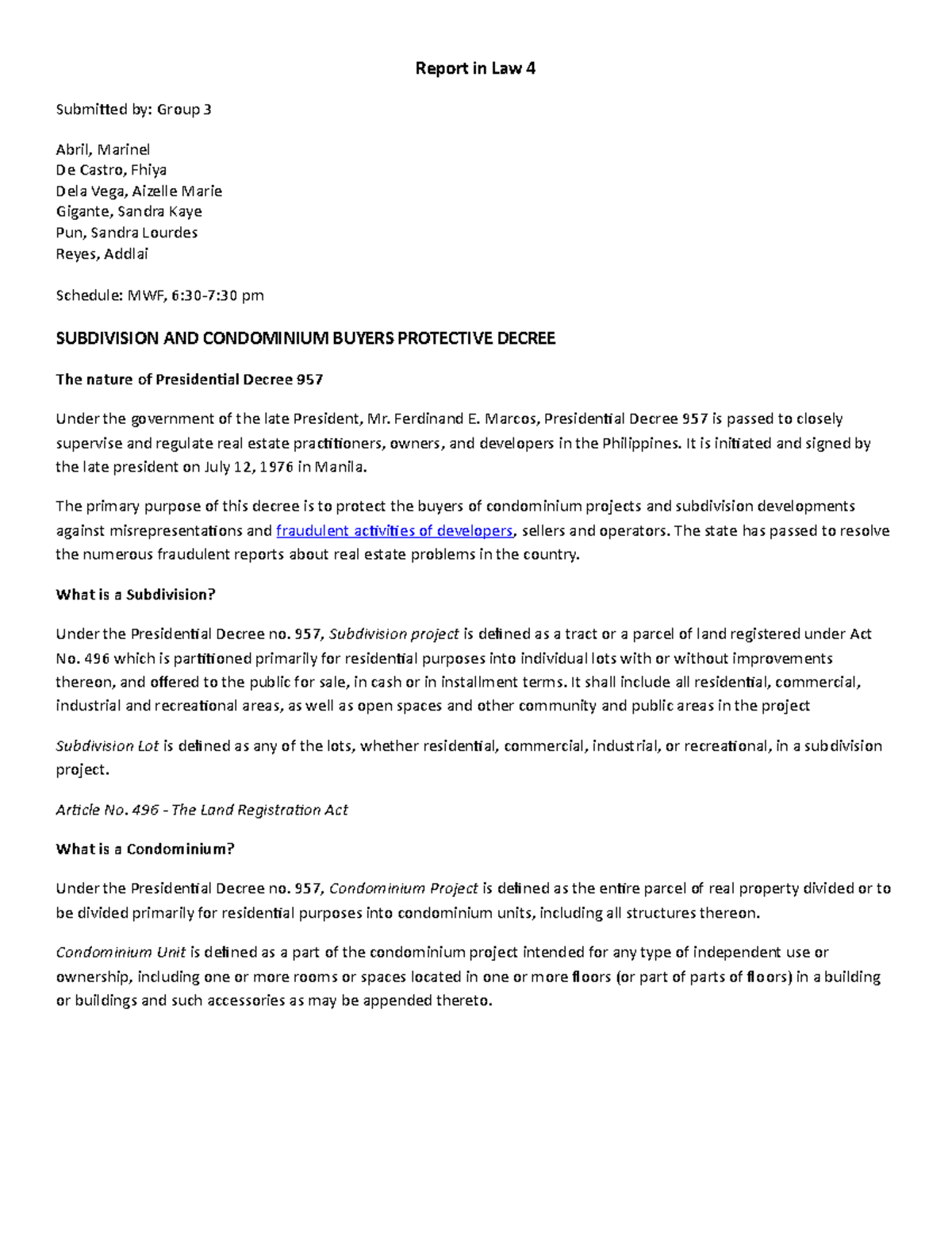 PD No. 957 written report - Report in Law 4 Submitted by: Group 3 Abril ...