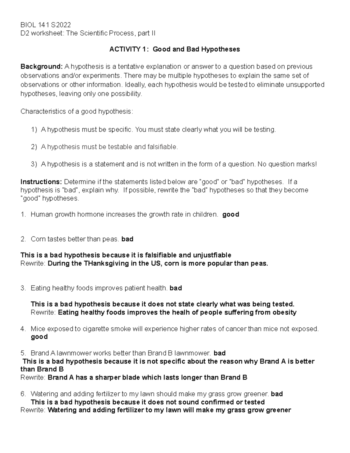 D2 worksheet - BIOL 141 S D2 worksheet: The Scientific Process, part II ...