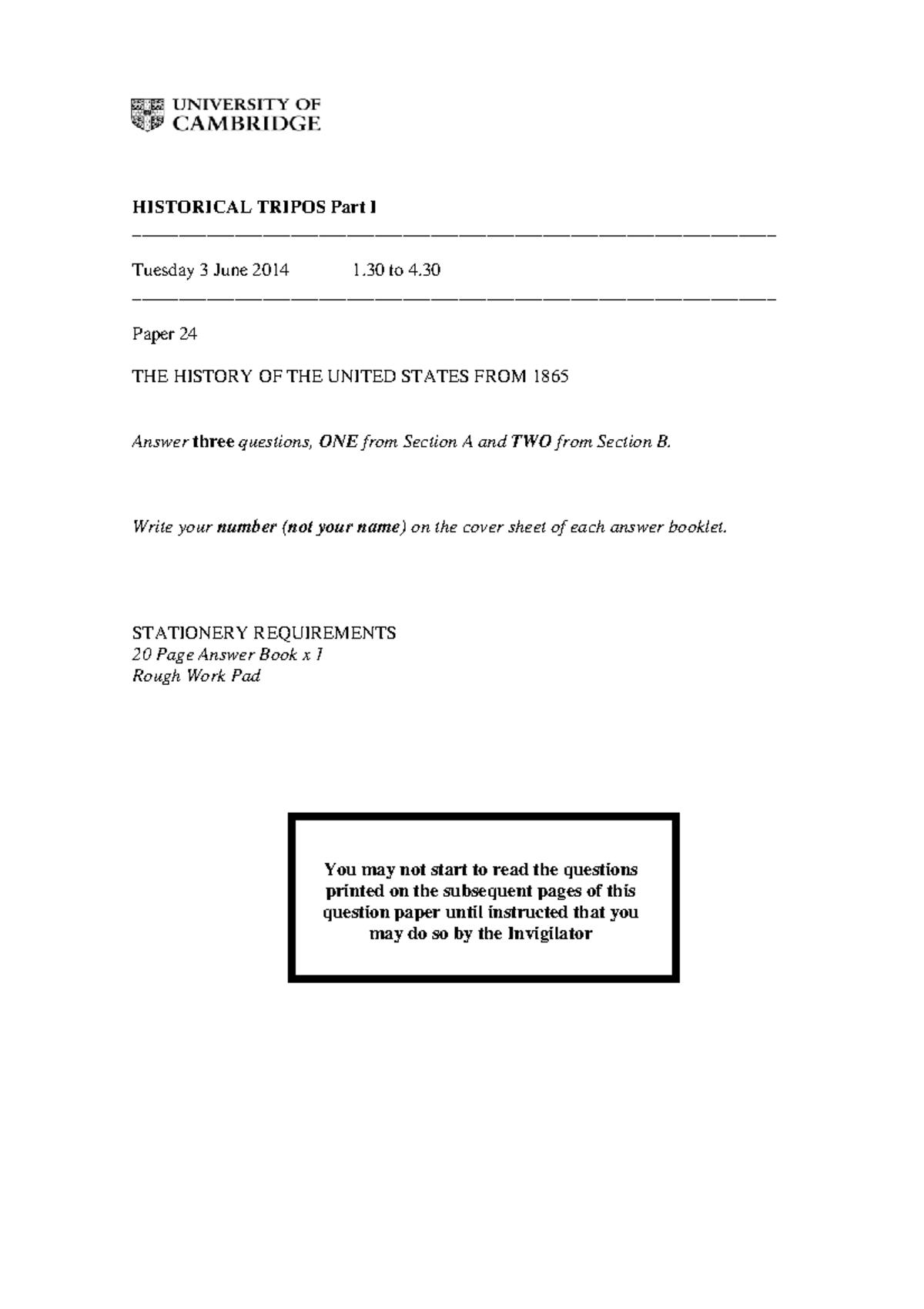 Paper 24 Exam 2014 - HISTORICAL TRIPOS Part I - Studocu