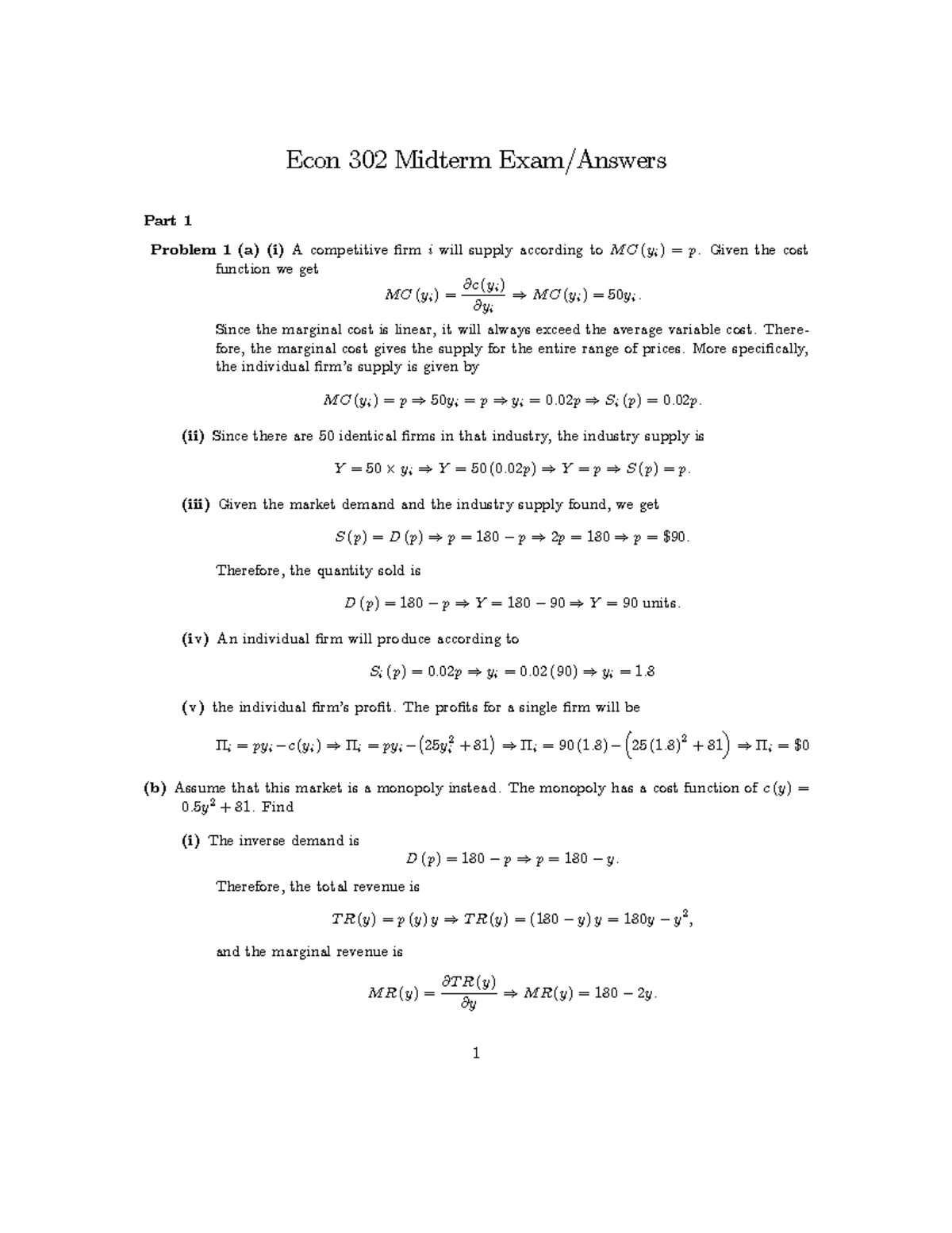 Midterm exam 2 13 November 2018, questions and answers - Econ 302 Midterm Exam/Answers Part 1 ...