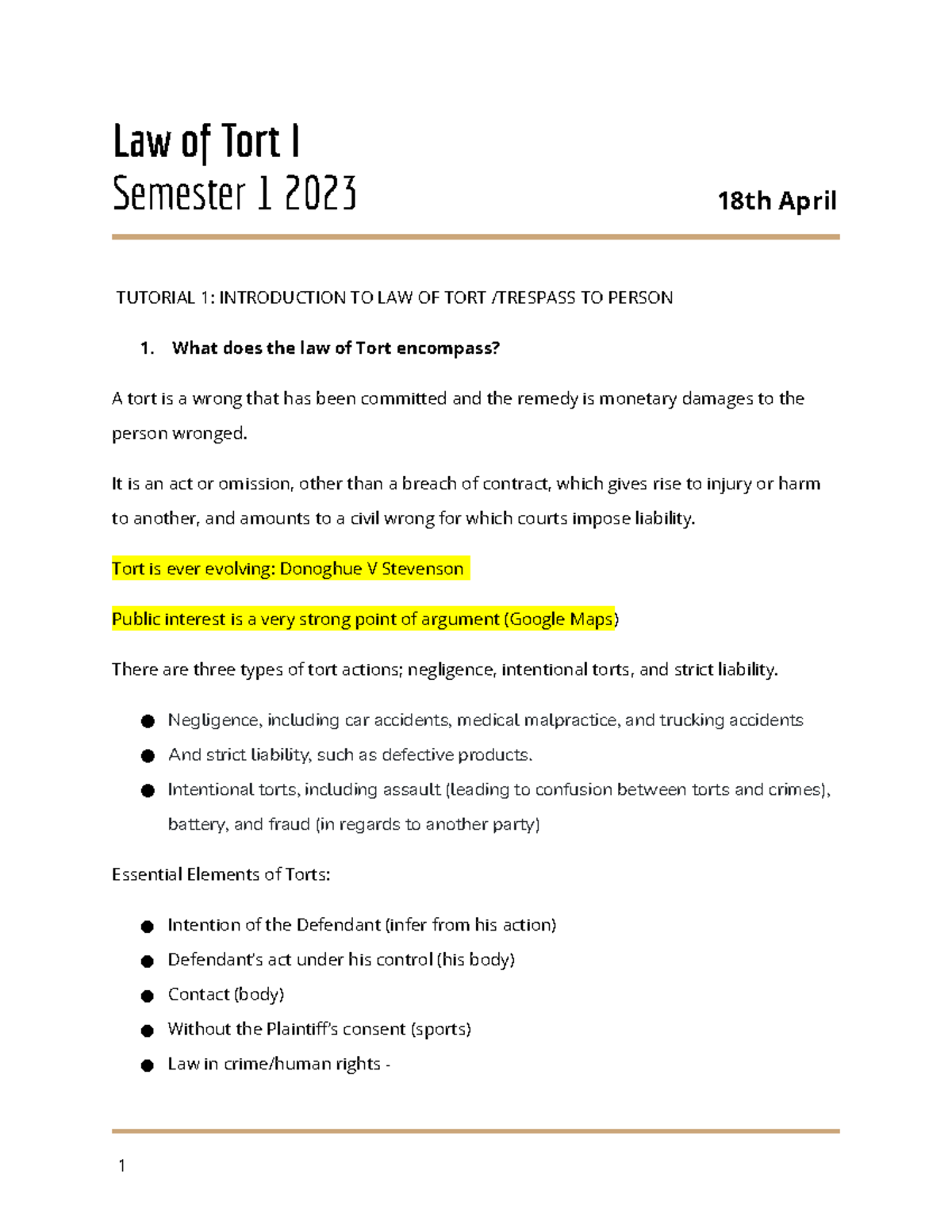 TL TUT 1 - My first ever tort tutorial woop woop - Law of Tort I Semester 1 2023 18th April ...