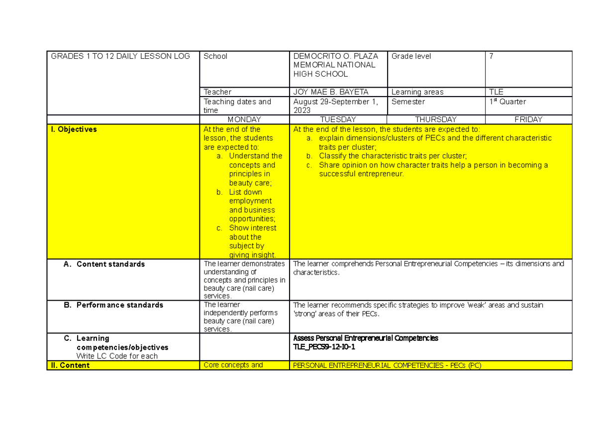 TLE week 1 - For Reading - GRADES 1 TO 12 DAILY LESSON LOG School ...
