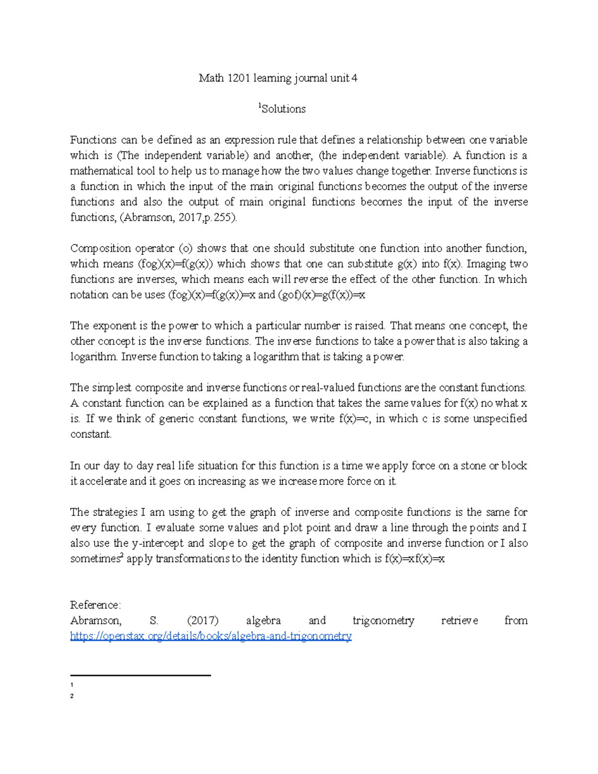 Math 1201 learning journal unit 4-1 - A function is a mathematical tool to help us to manage how ...