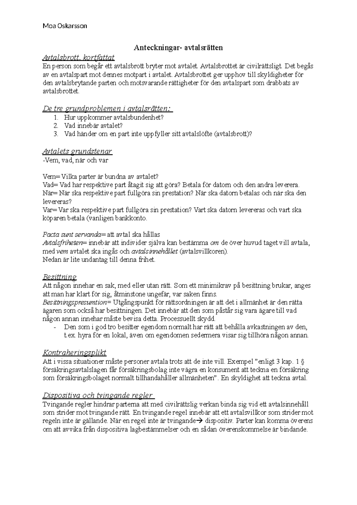 Anteckningar- avtalsrätten - Anteckningar- avtalsrätten Avtalsbrott ...