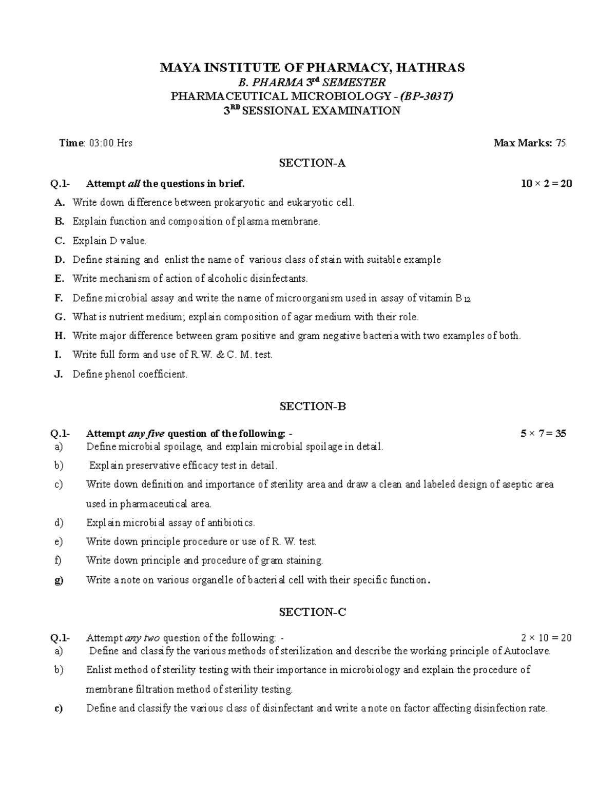 Pre University Test Paper for Microbiology - MAYA INSTITUTE OF PHARMACY ...