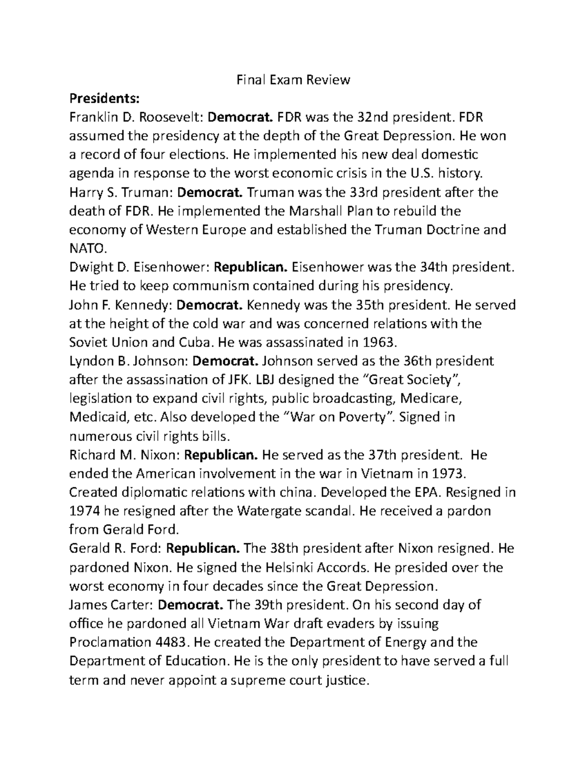 Final Exam Review History 1 - Final Exam Review Presidents: Franklin D ...