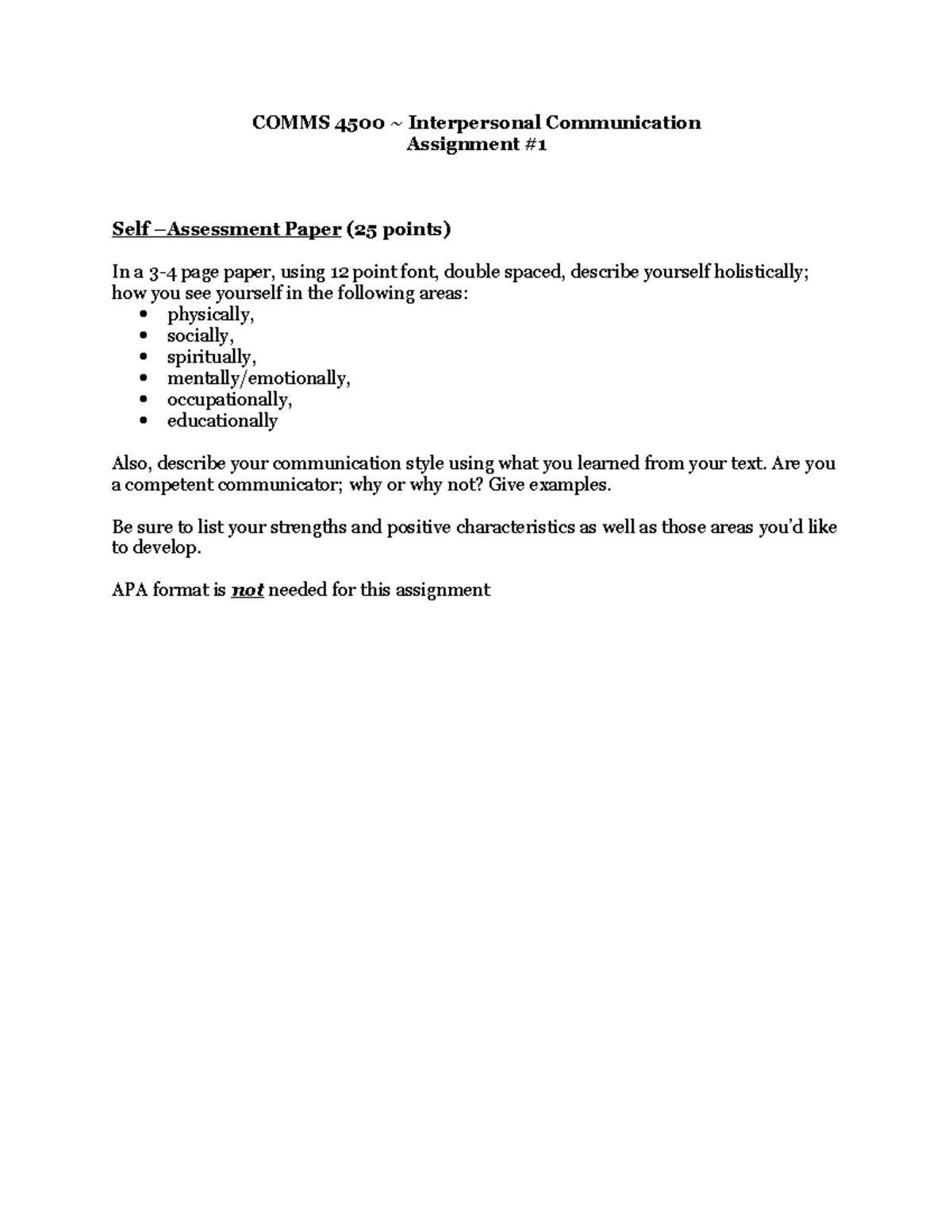 COMM 4500 Self-Concept Paper - COMMS 4500 ~ Interpersonal Communication Assignment # Self - Studocu