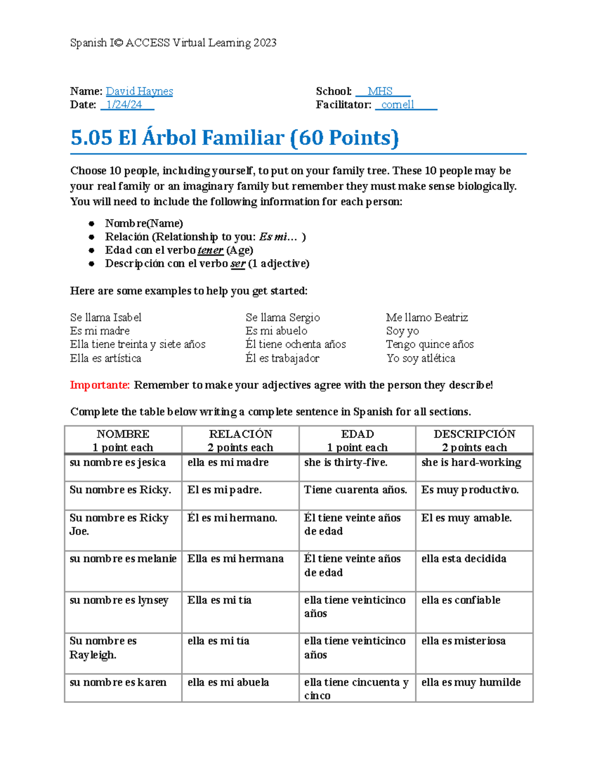 05-05 - Spanish Task - Spanish I© ACCESS Virtual Learning 2023 Name ...