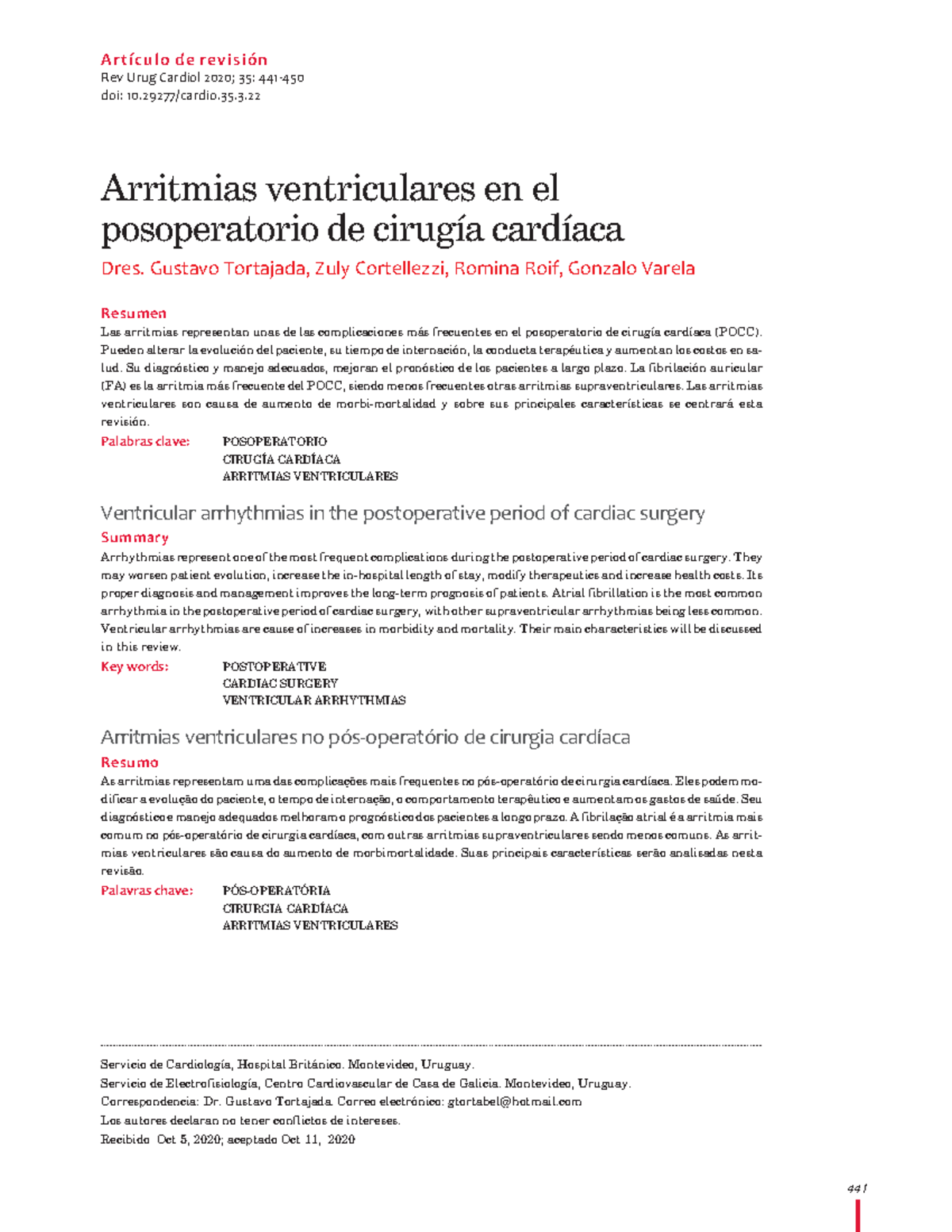 Artículo científico - Arritmias ventriculares en el posoperatorio de ...
