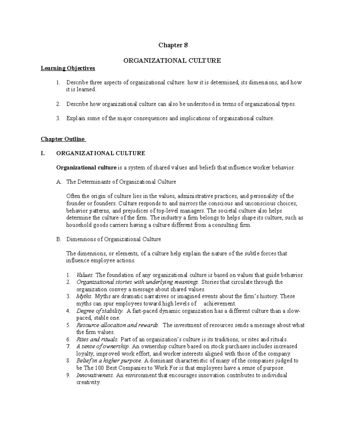 Chapter 8 - human behavior - Chapter 8 ORGANIZATIONAL CULTURE Learning ...