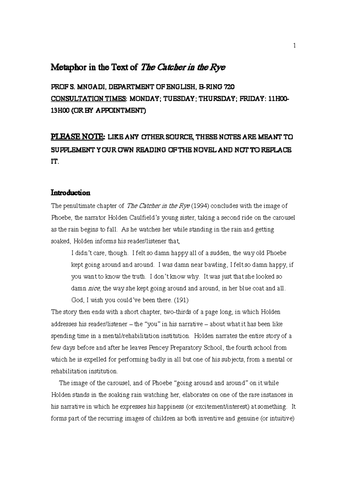 The Catcher in the Rye notes - Metaphor in the Text of The Catcher in ...