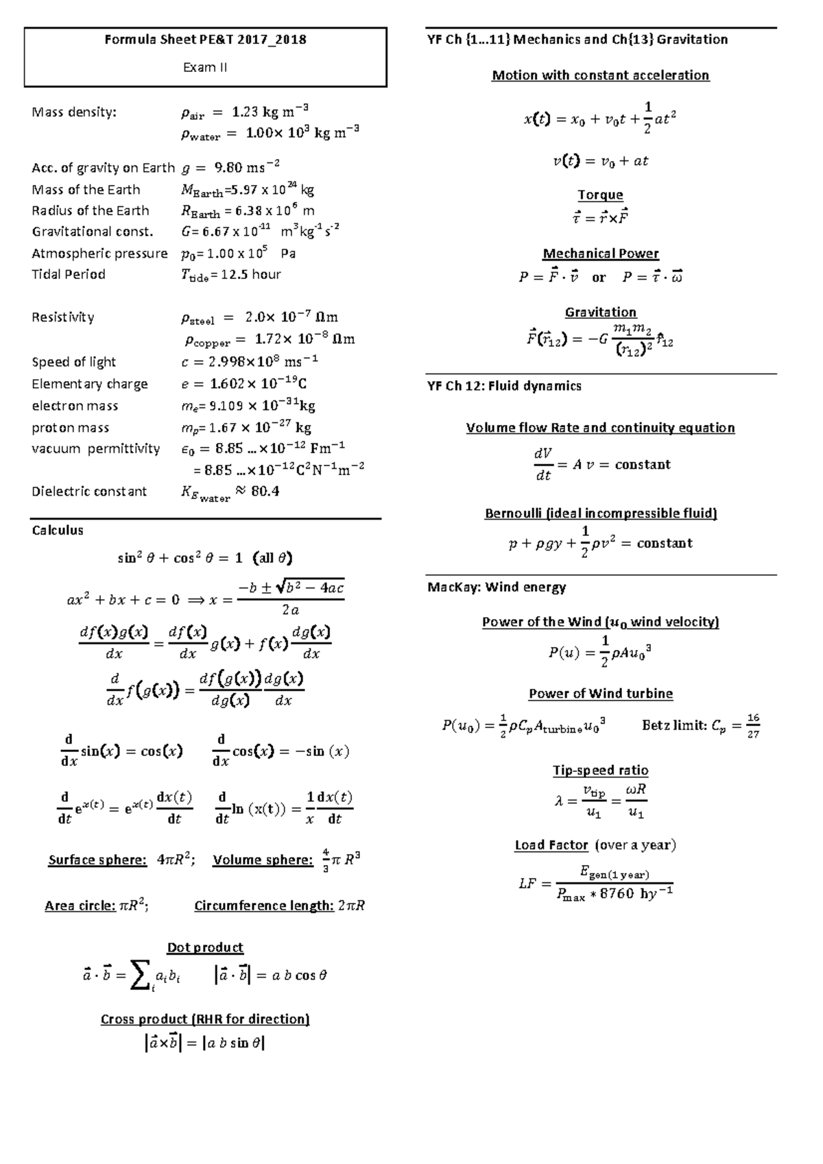 Formula Sheet Exam II - Formula Sheet PE&T 2017_201 8 Exam II Mass ...
