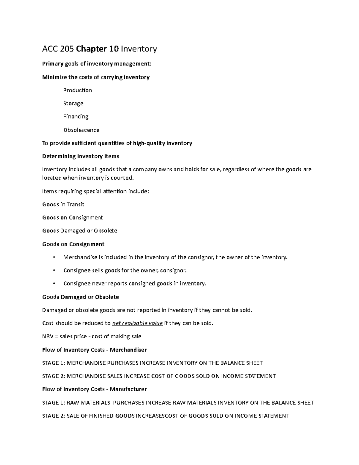 ACC 255 Chapter 10 - ACC 205 Chapter 10 Inventory Primary goals of ...