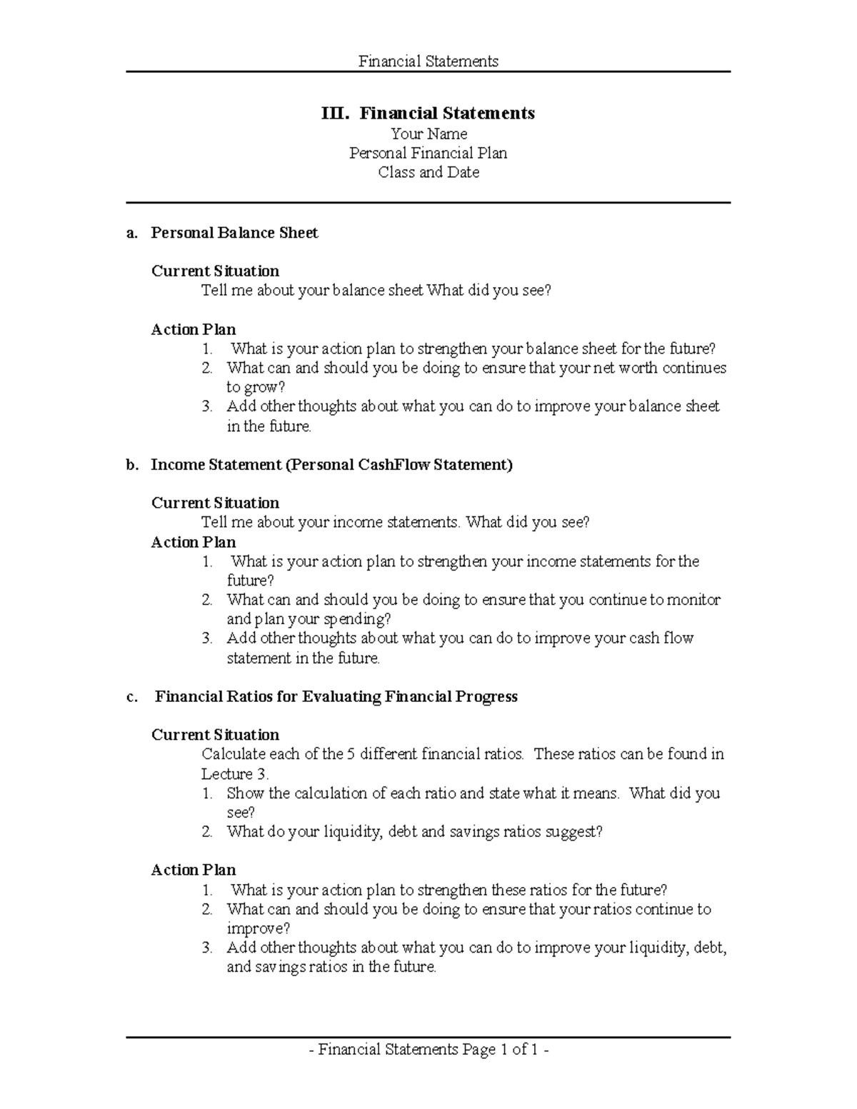 Assignment Financial Statements - Financial Statements III. Financial ...